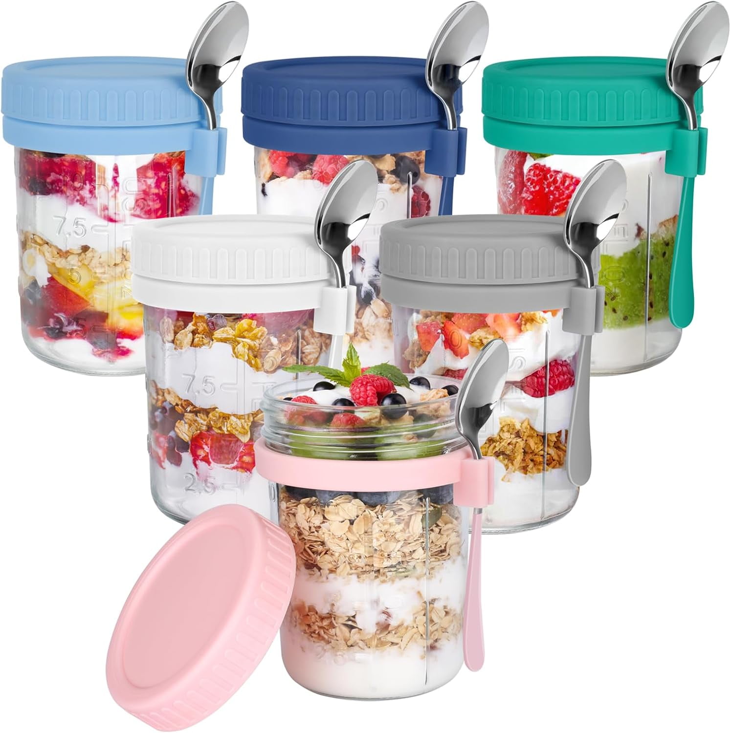 6 Pack Overnight Oats Containers with Lids and Spoons, 16 OZ Glass ...
