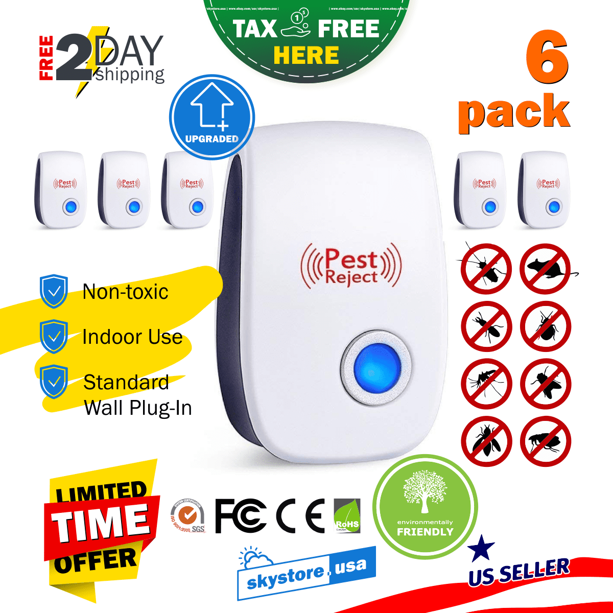 6 Pack Pest Reject Pro Ultrasonic Repeller Home Bed Bug Spider Roaches ...