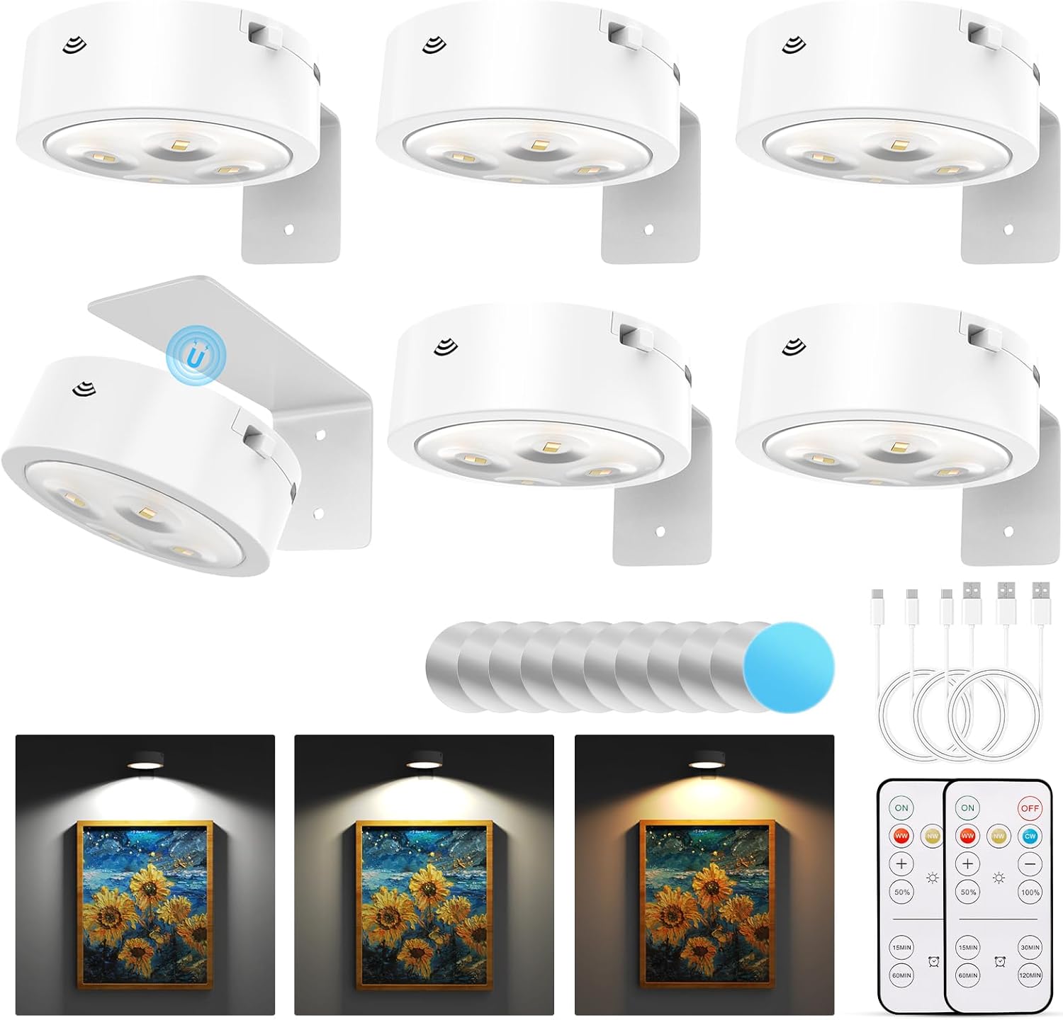 6 Pack Picture Lights for Wall, Rechargeable Battery Operated Wall Lights, Picture Frame Lights ...