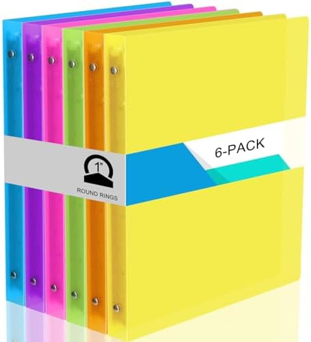 6 Pack Plastic 3 Ring Binder Assorted Colors Economy Flexible Round ...
