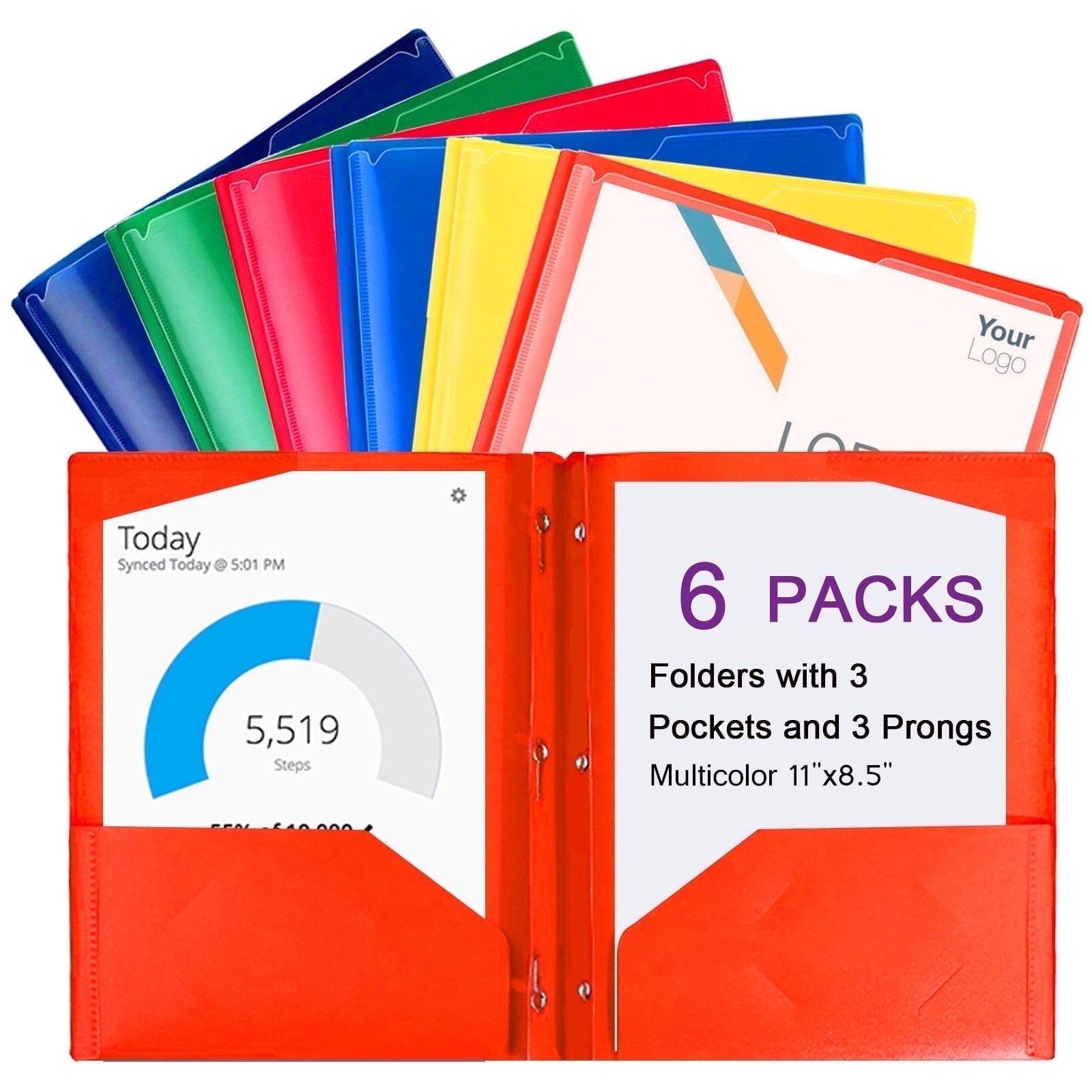 6 Pack Plastic Folders with Pockets and Prongs, 2 Pocket 3-Clasp ...