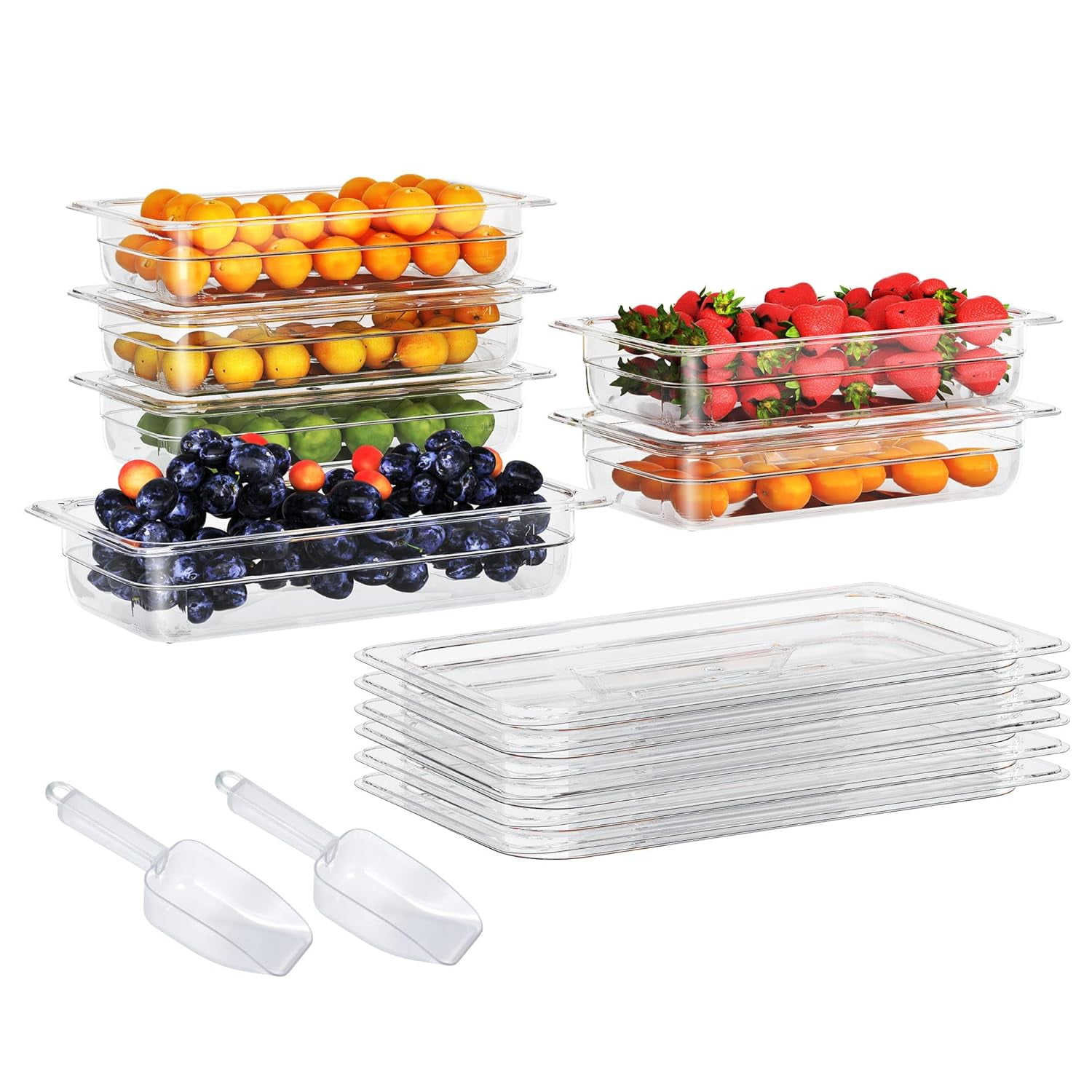6 Pack Plastic Food Pan with Lid 1/3 Size 2.5 Inch Deep Restaurant ...