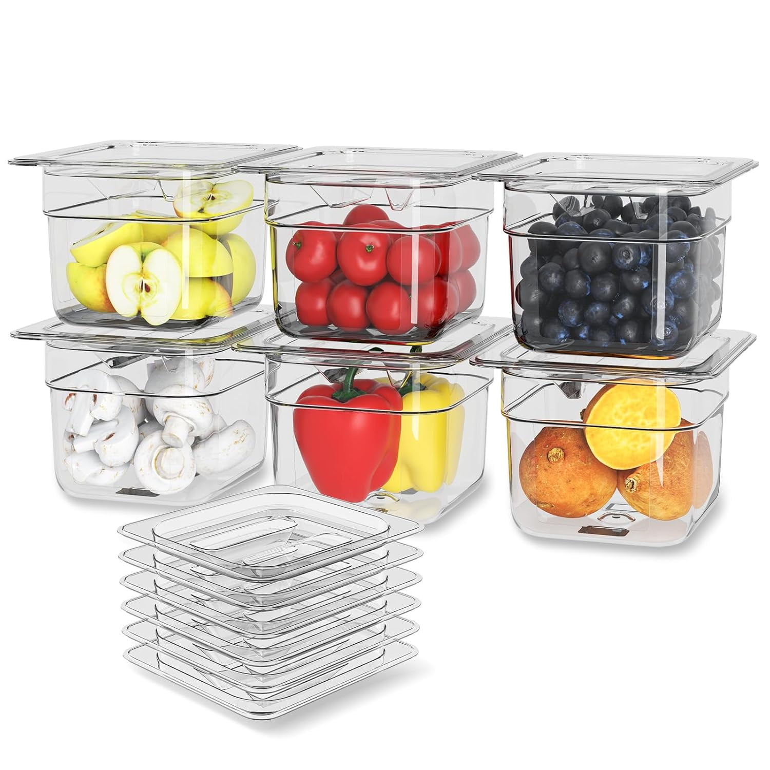 6 Pack Plastic Food Pan with Lid 1/6 Size 2.5 Inch Deep Restaurant ...