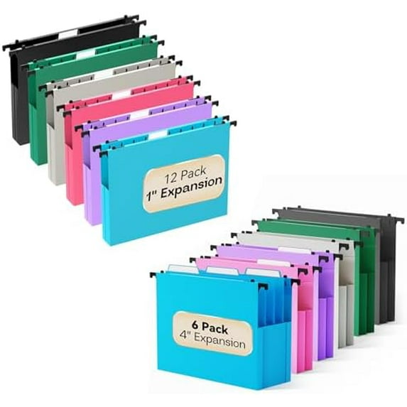 6 Pack Plastic Hanging Folders Heavy Duty 4" Expanding Pocket with ...