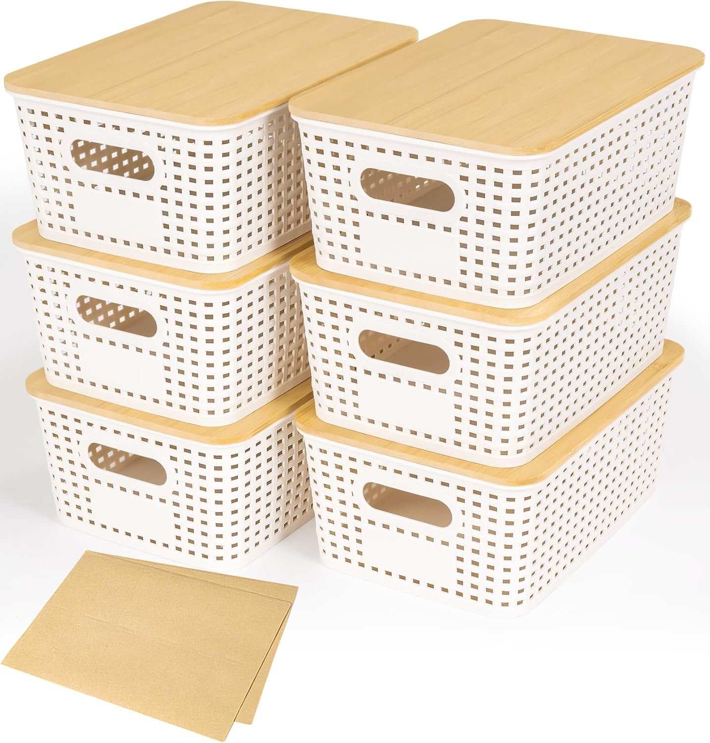 6 Pack Plastic Storage Baskets With Bamboo Lid, Stackable Storage ...