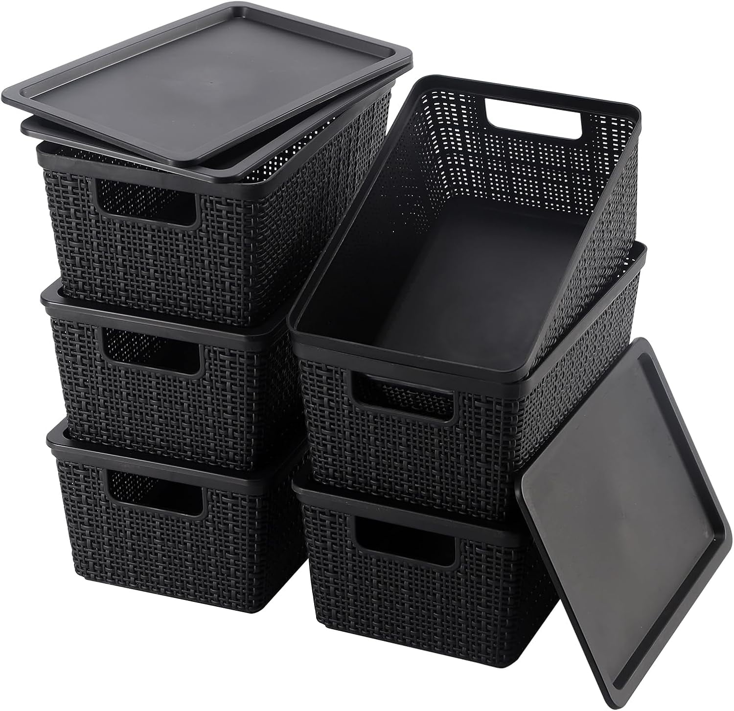 6 Pack Plastic Storage Baskets With Lids,Black Breathable Stackable ...