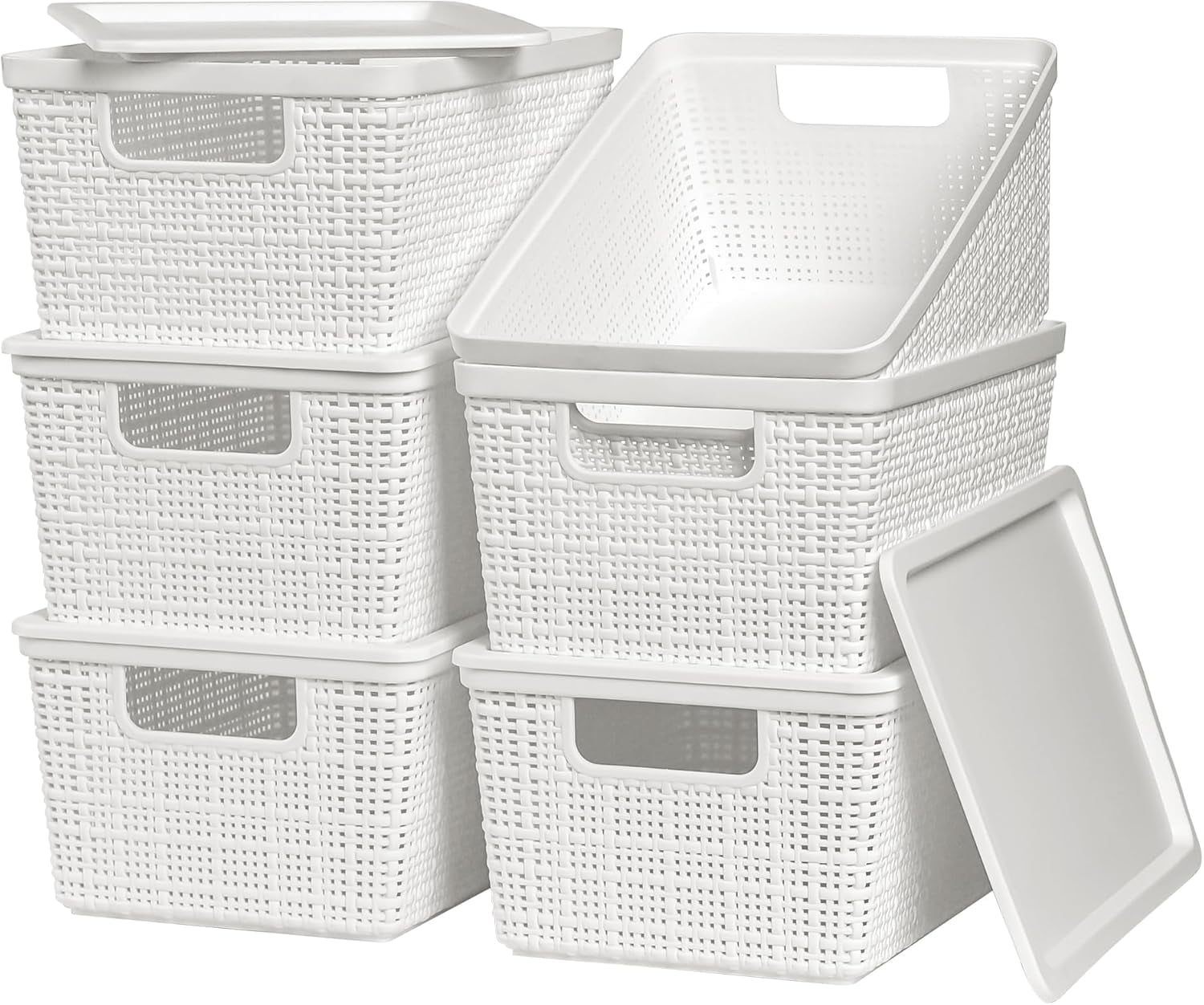 6 Pack Plastic Storage Baskets With Lids,White Breathable Stackable ...