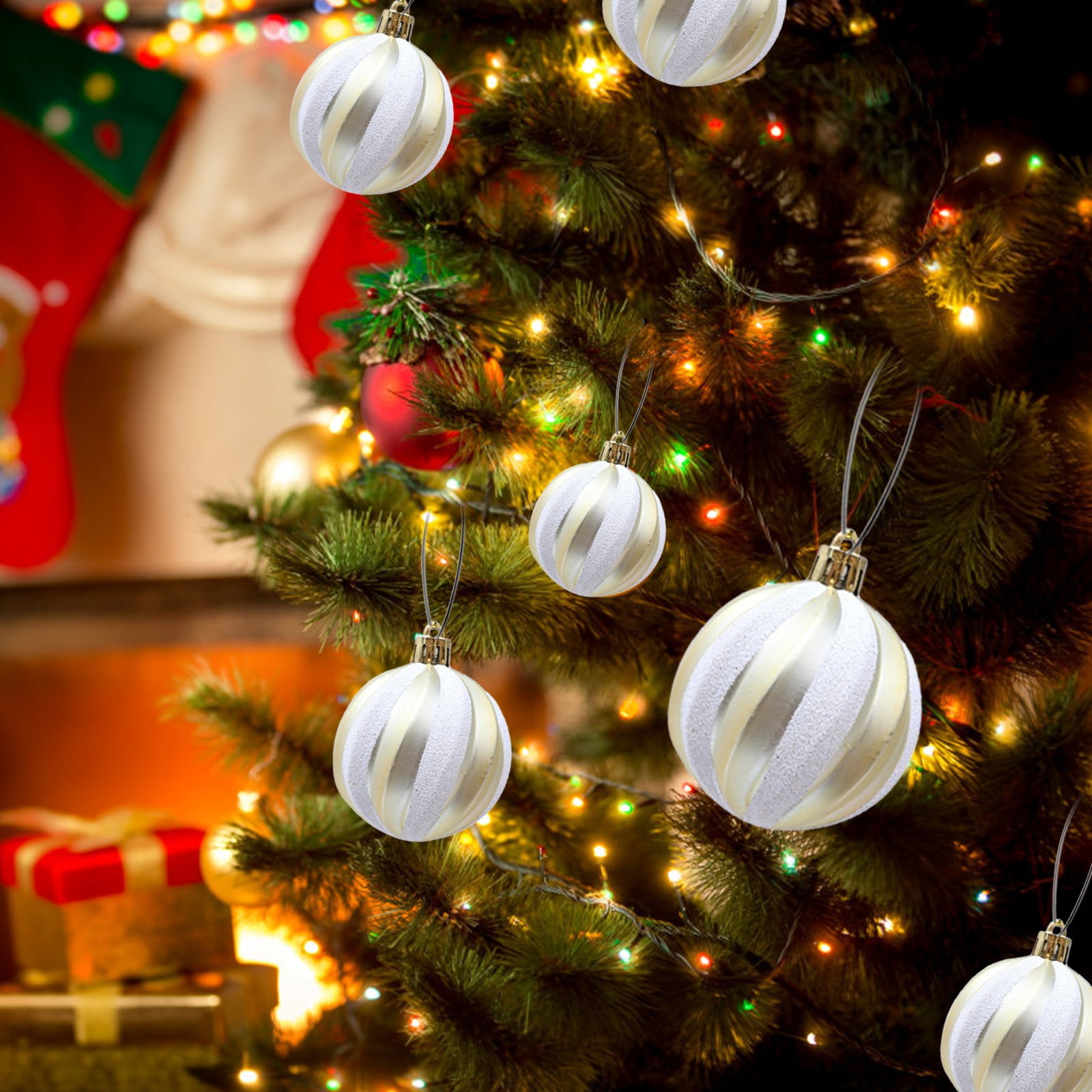 6-Pack Plastic Striped Christmas Ornament Balls with Hanging Ropes for ...