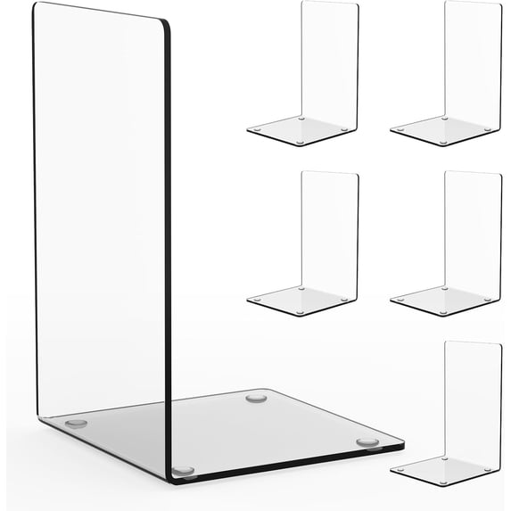 6 Pack Premium Book Ends, Clear Acrylic Bookends for Shelves, Sturdy ...