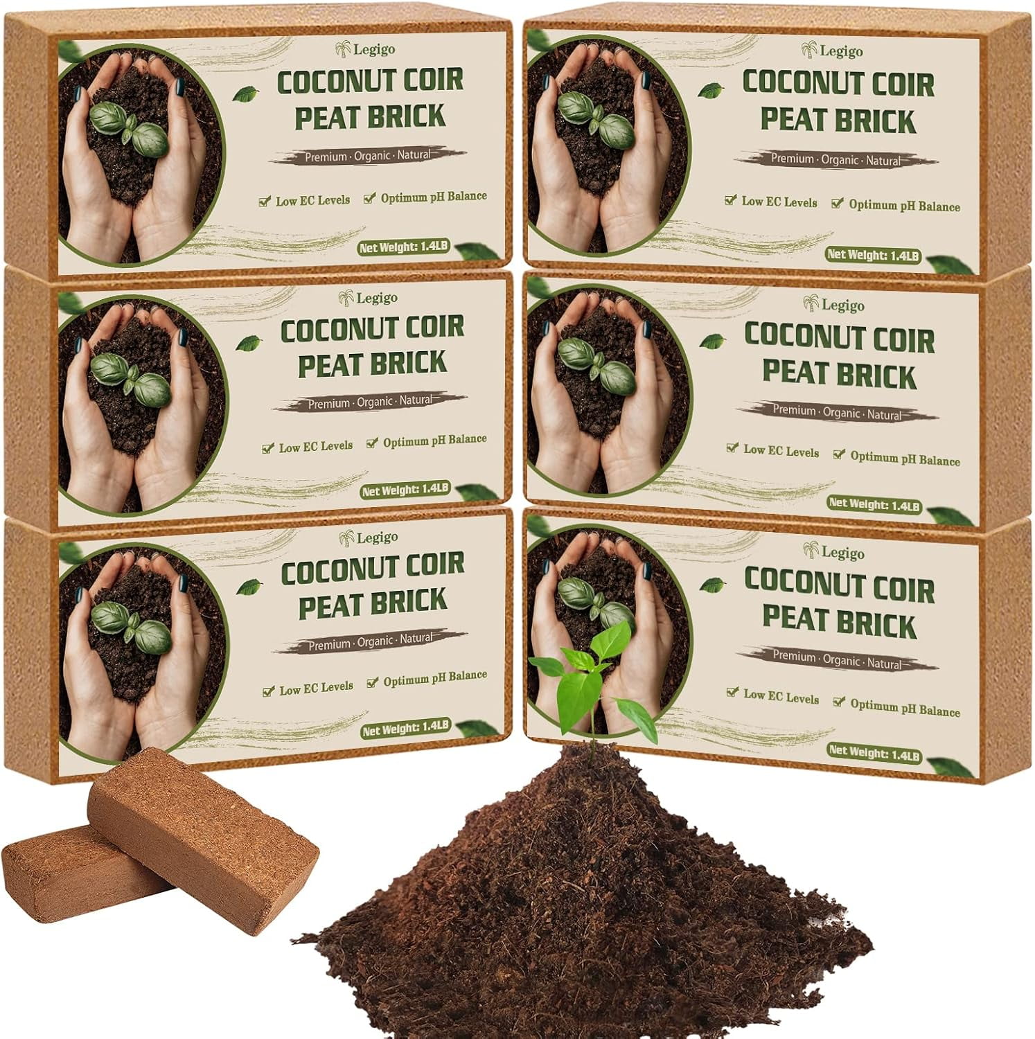 6 Pack Premium Coco Coir Brick for Plants- 100% Organic Compressed Coconut Coir Bricks Starting ...