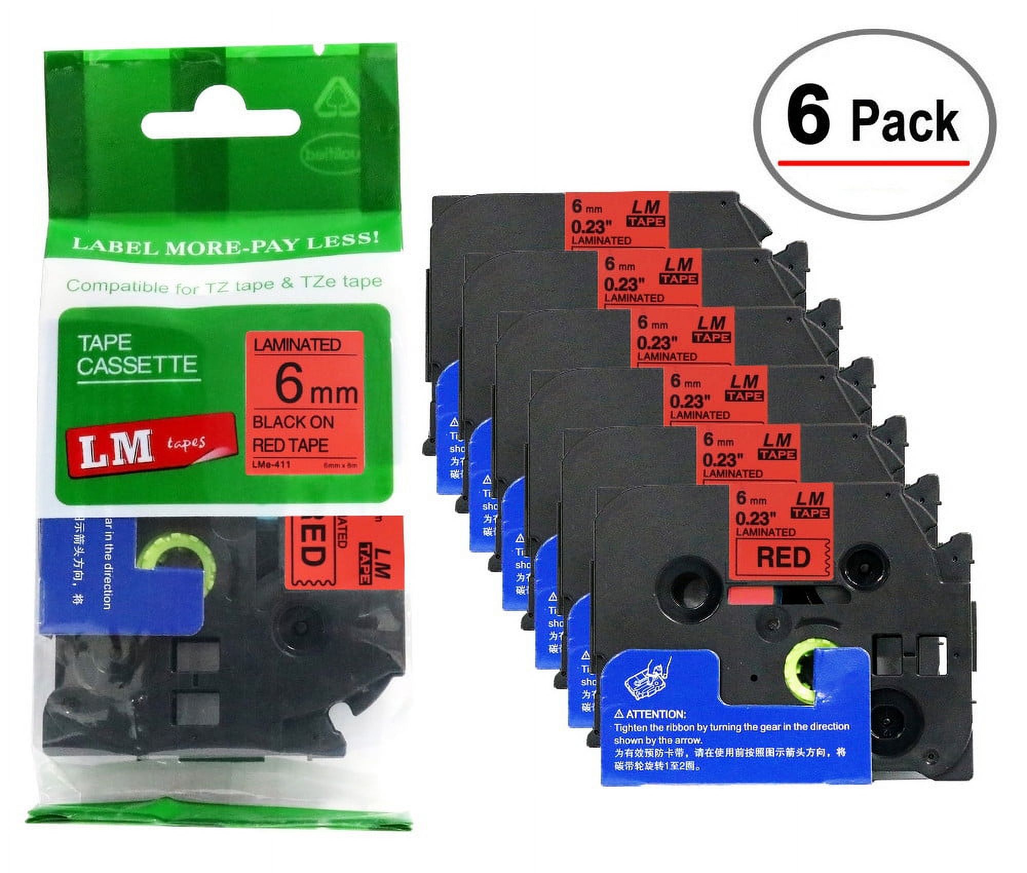 6/Pack - Premium Compatible with TZe-411 Black on Red 1/4 p-touch Label ...