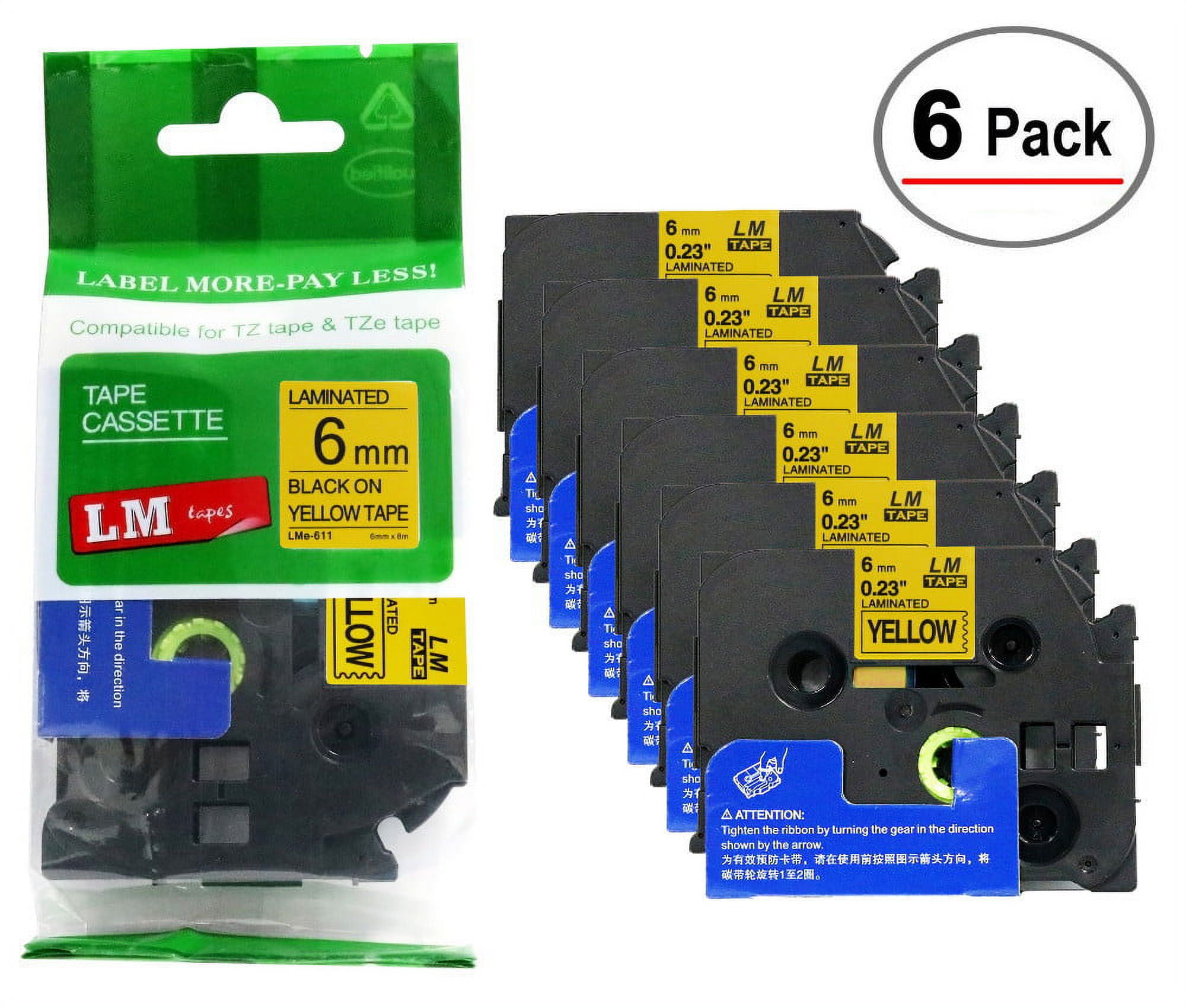 6/Pack - Premium Compatible with TZe-611 Black on Yellow 1/4 p-touch ...