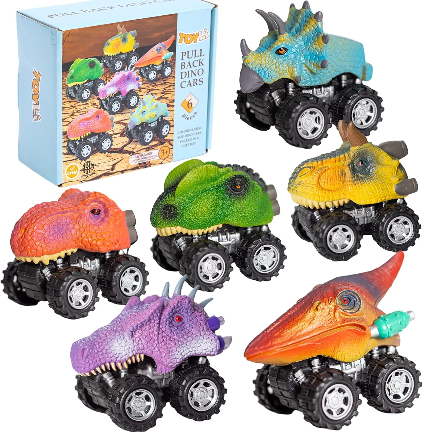6 Pack Pull Back Dino Cars - Dinosaur Car Toys for Kids, Dinosaur Car ...
