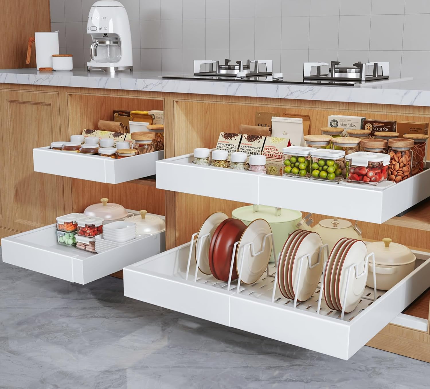 6 Pack Pull Out Cabinet Organizers 21" Deep With Raising Pad for Framed ...