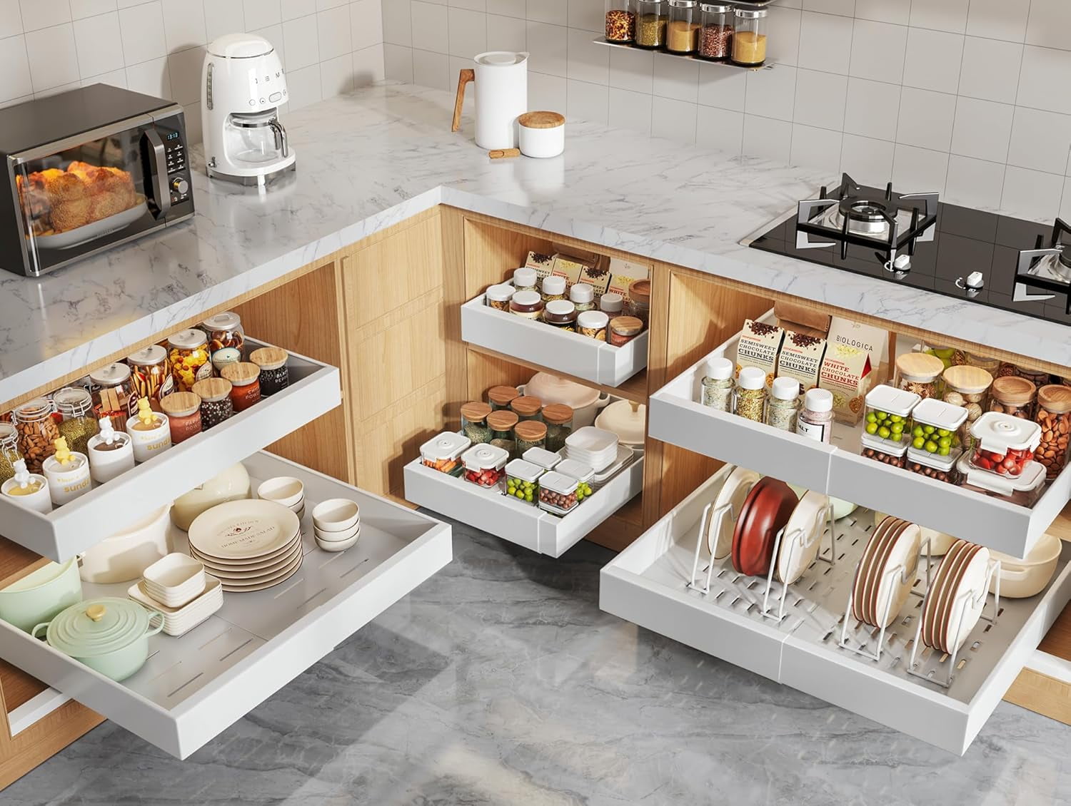 6 Pack Pull Out Cabinet Organizers 21" Deep With Raising Pad for Framed ...