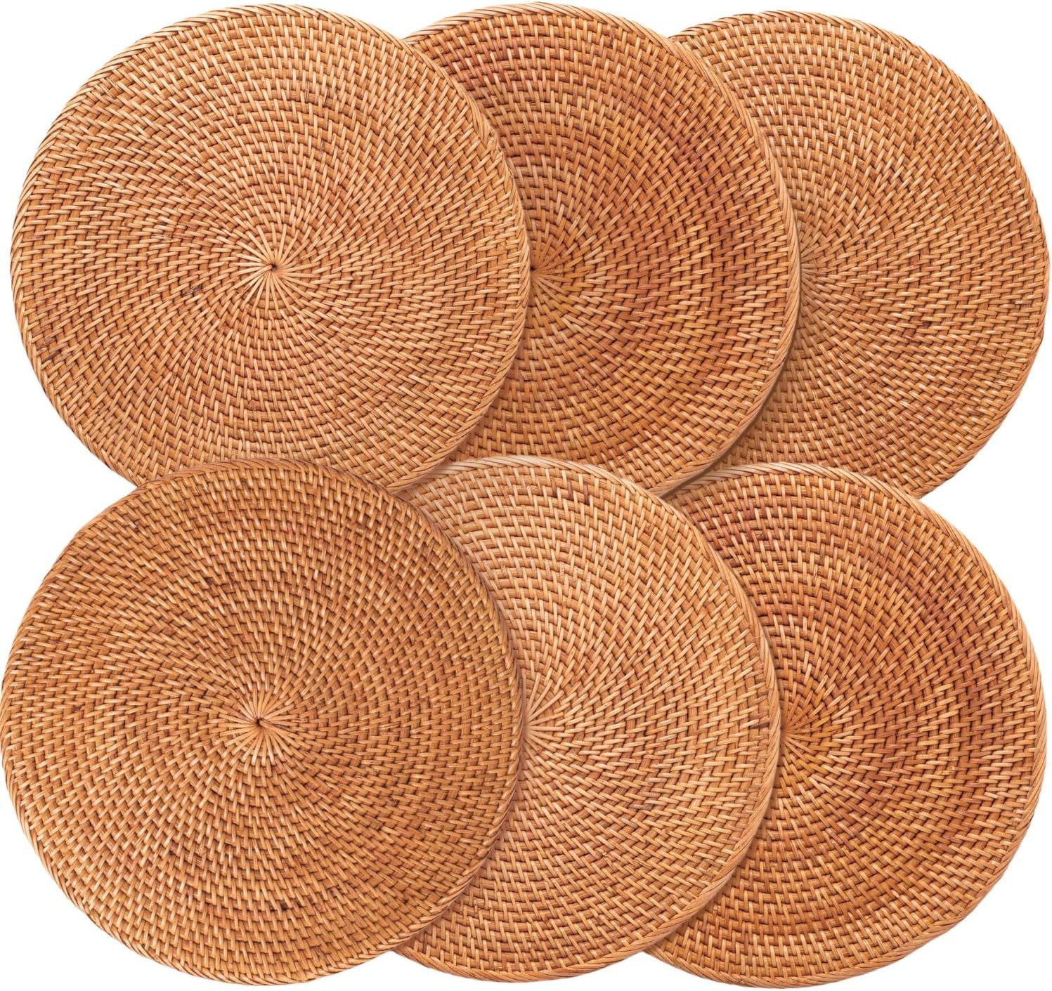 6-Pack Rattan Placemats - 13-inch Round Placemats (Honey Brown) - Woven ...