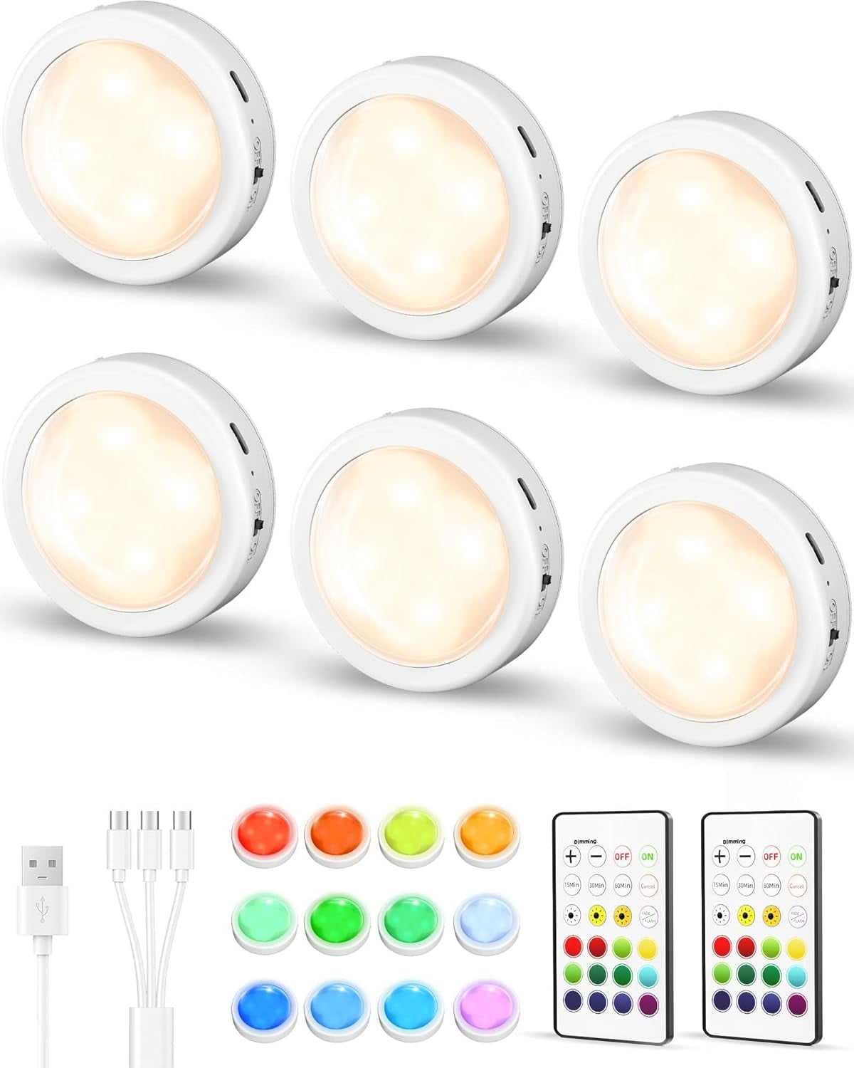 6-Pack Rechar able Puck Lights with Remote, Under Cabinet Lighting, 2. ...