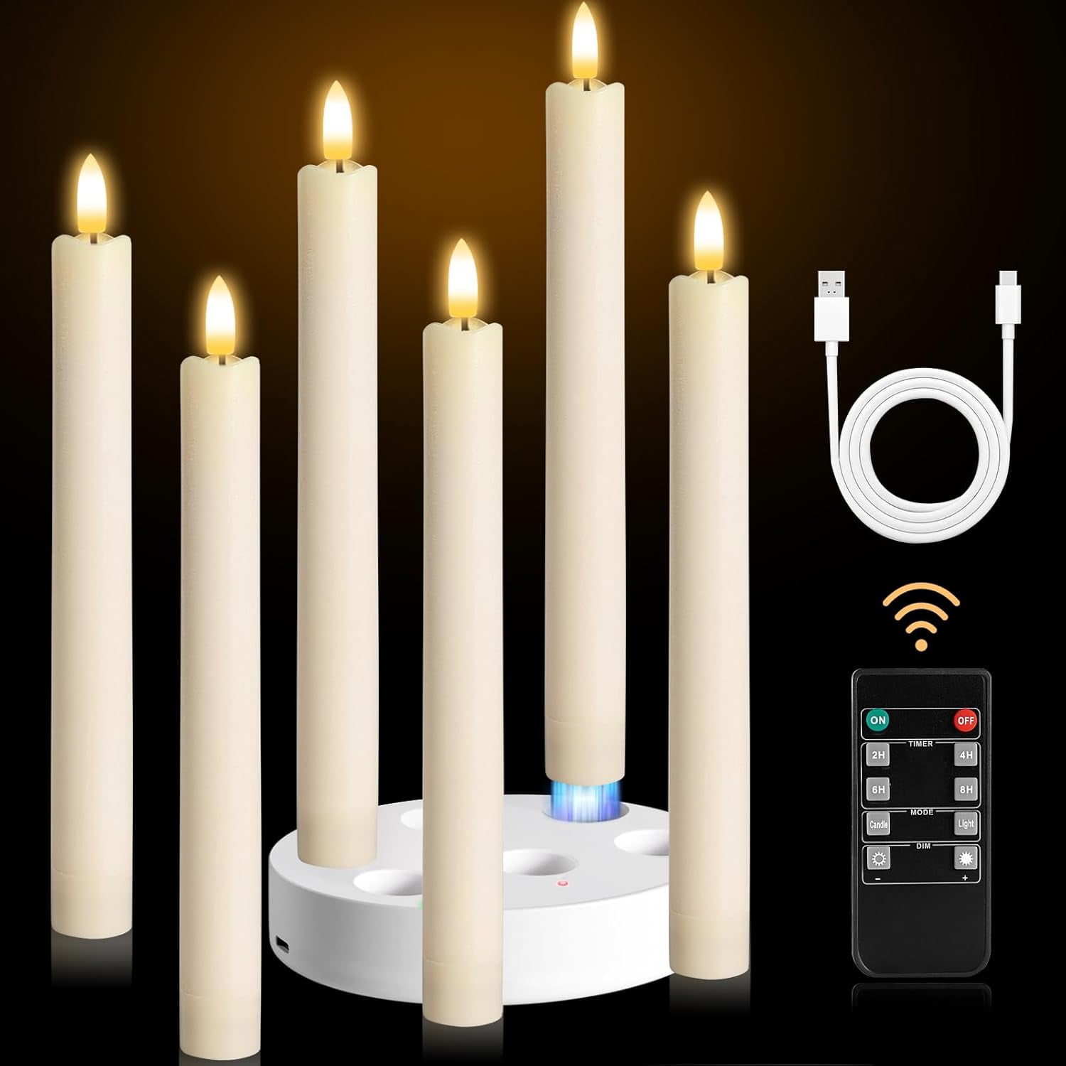 6 Pack Rechargeable Flameless Taper Candles with Charging Station ...