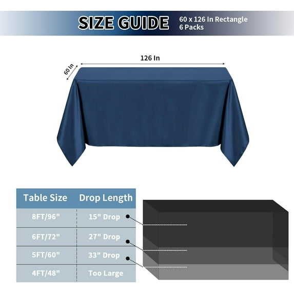 6 Pack Rectangle Navy Blue Table Cloths 60 x 126 Inch for 6Ft Tables ...