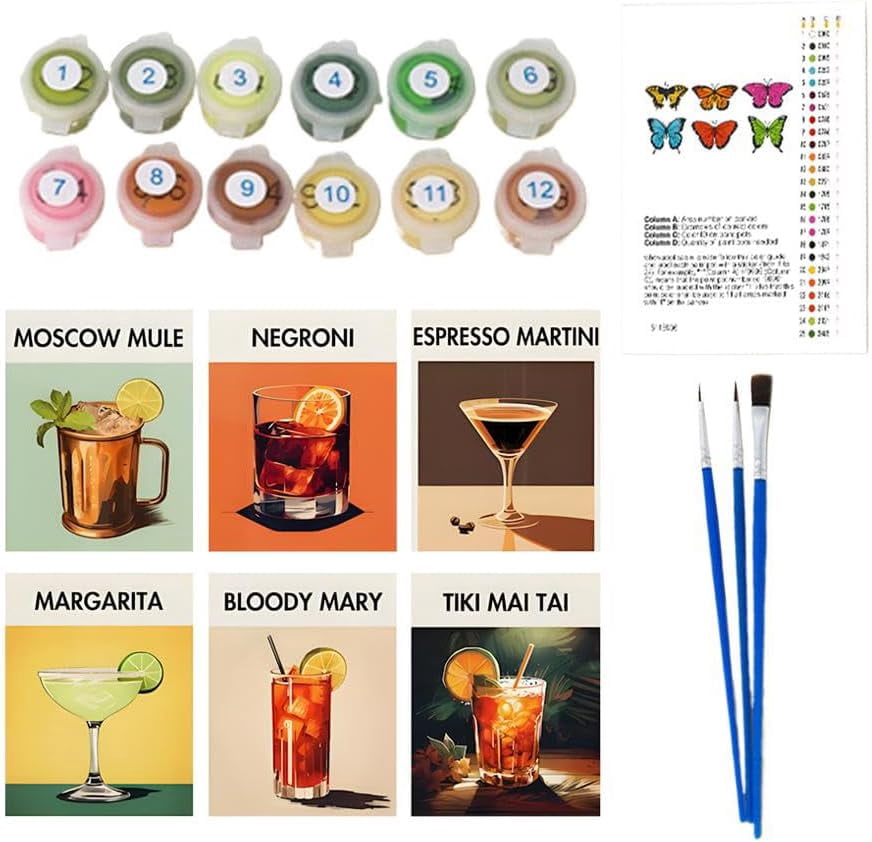 6 Pack Retro Cocktail Paint by Numbers Kit, Paint by Numbers Kit for ...