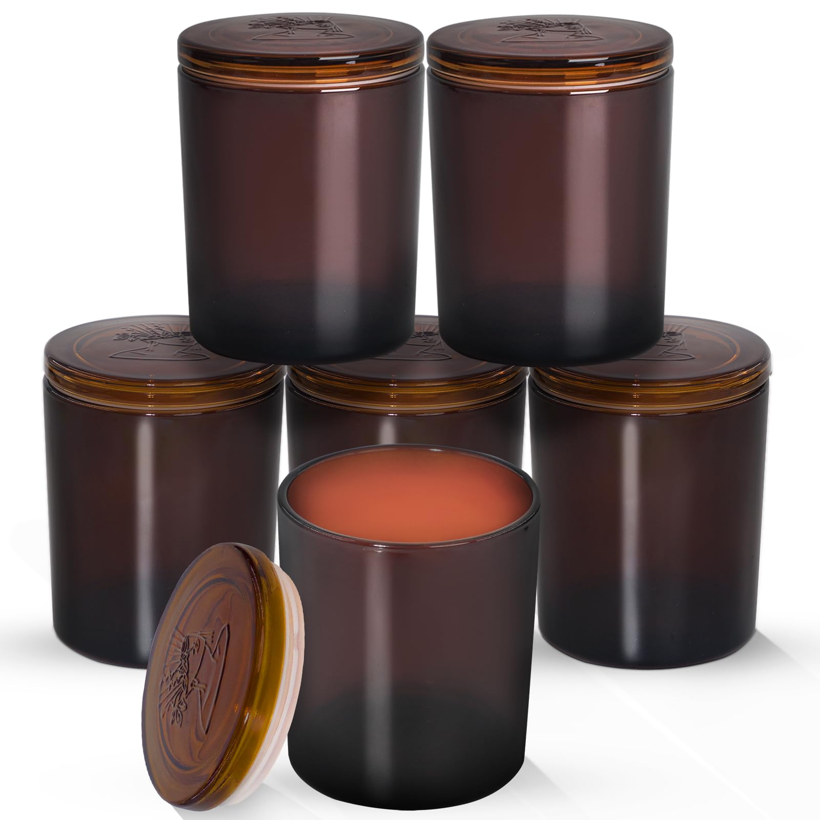 6 Pack Round Glass Candle Jars, 14.4oz Amber Empty Candle Container ...