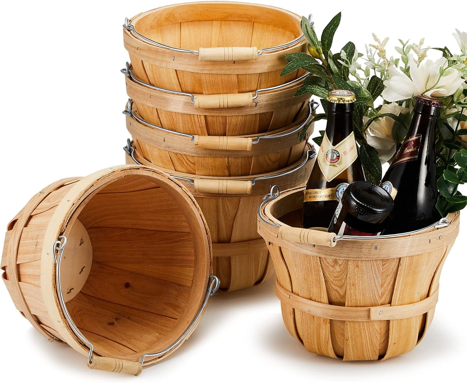 6 Pack Round Wooden Baskets 5.9 x 7.5'' Small Bushel Baskets Fruit ...