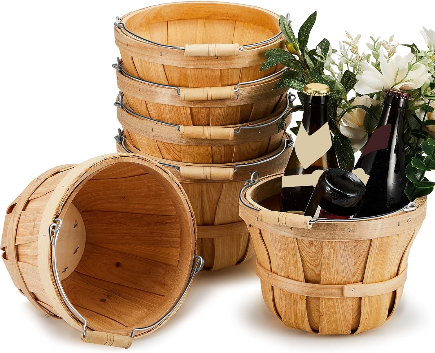 6 Pack Round Wooden Fruit Baskets Small Bushel Apple Buckets with ...