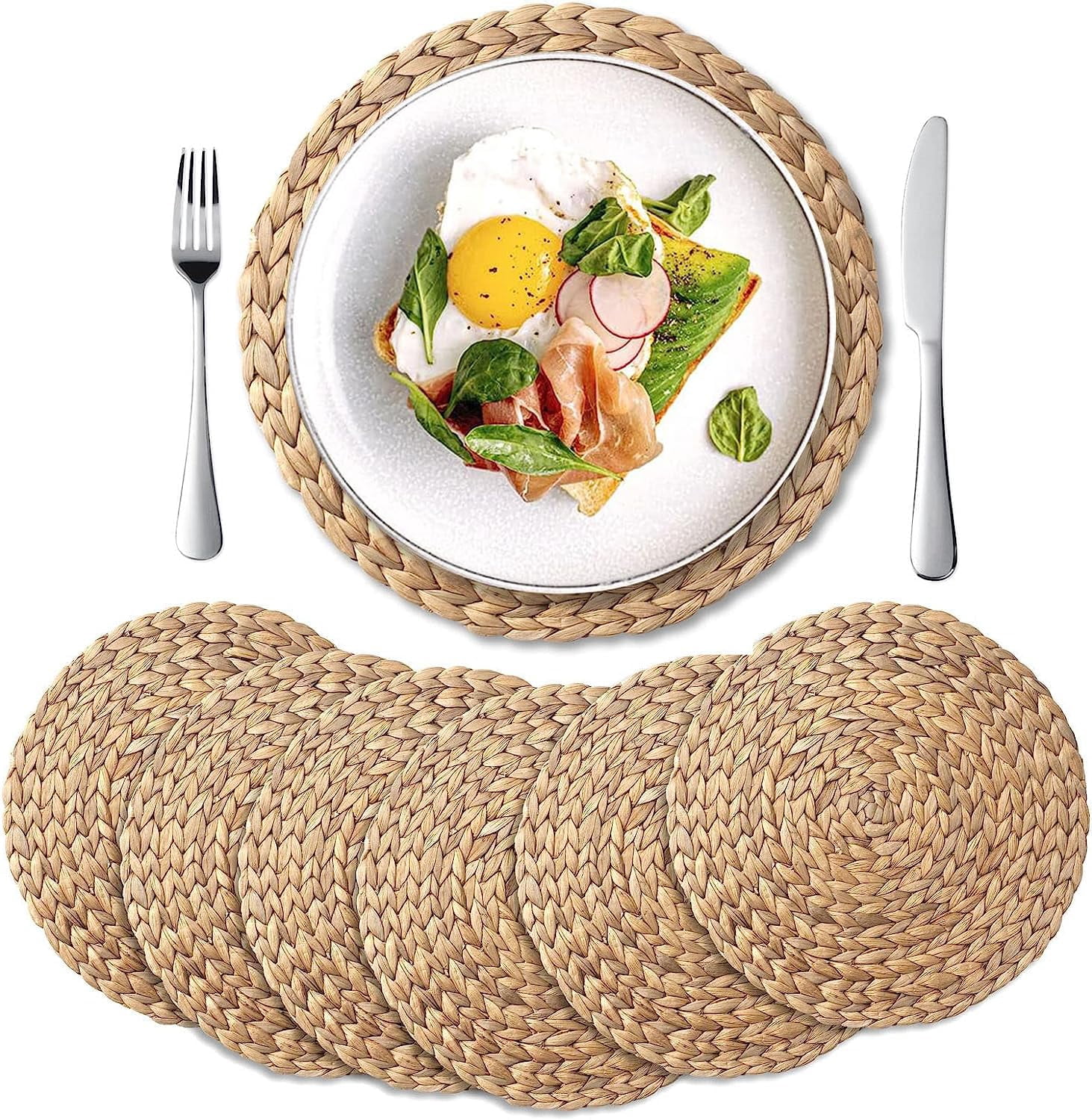 6 Pack Round Woven Placemats Water Hyacinth Wicker Place Mats Braided ...