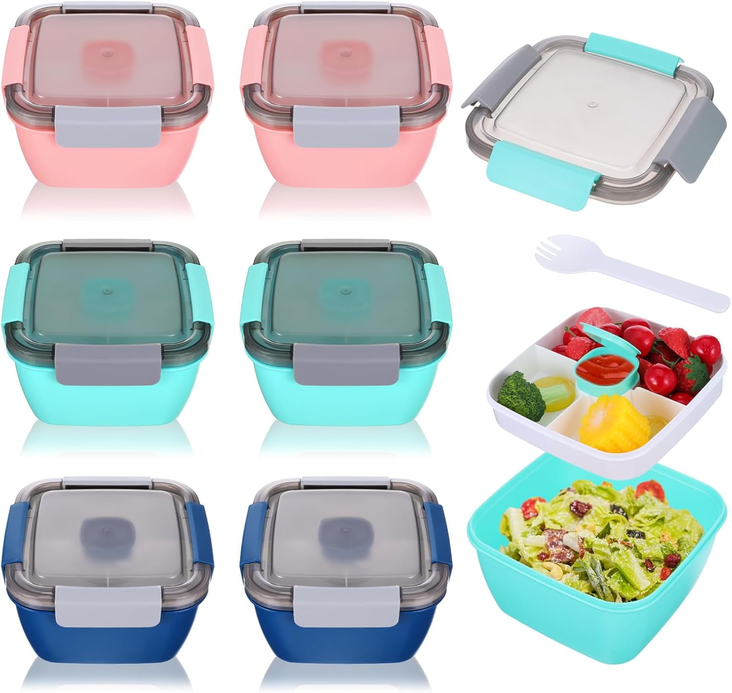 6 Pack Salad Bento Box for Lunch Reusable 50 Oz Salad Lunch Container ...