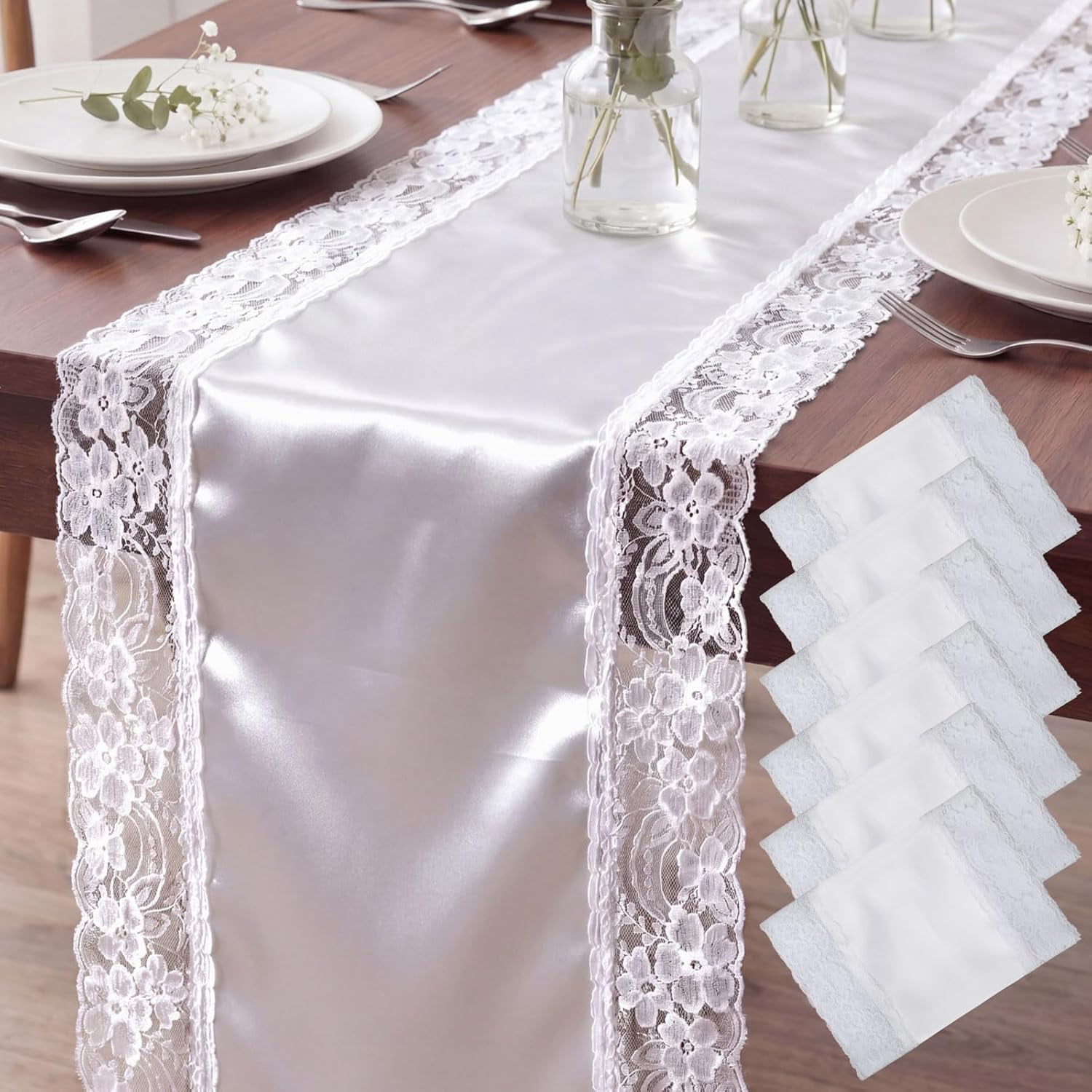 6 Pack Satin Table Runners for Wedding 12 x 70 Inch White Lace Silk ...