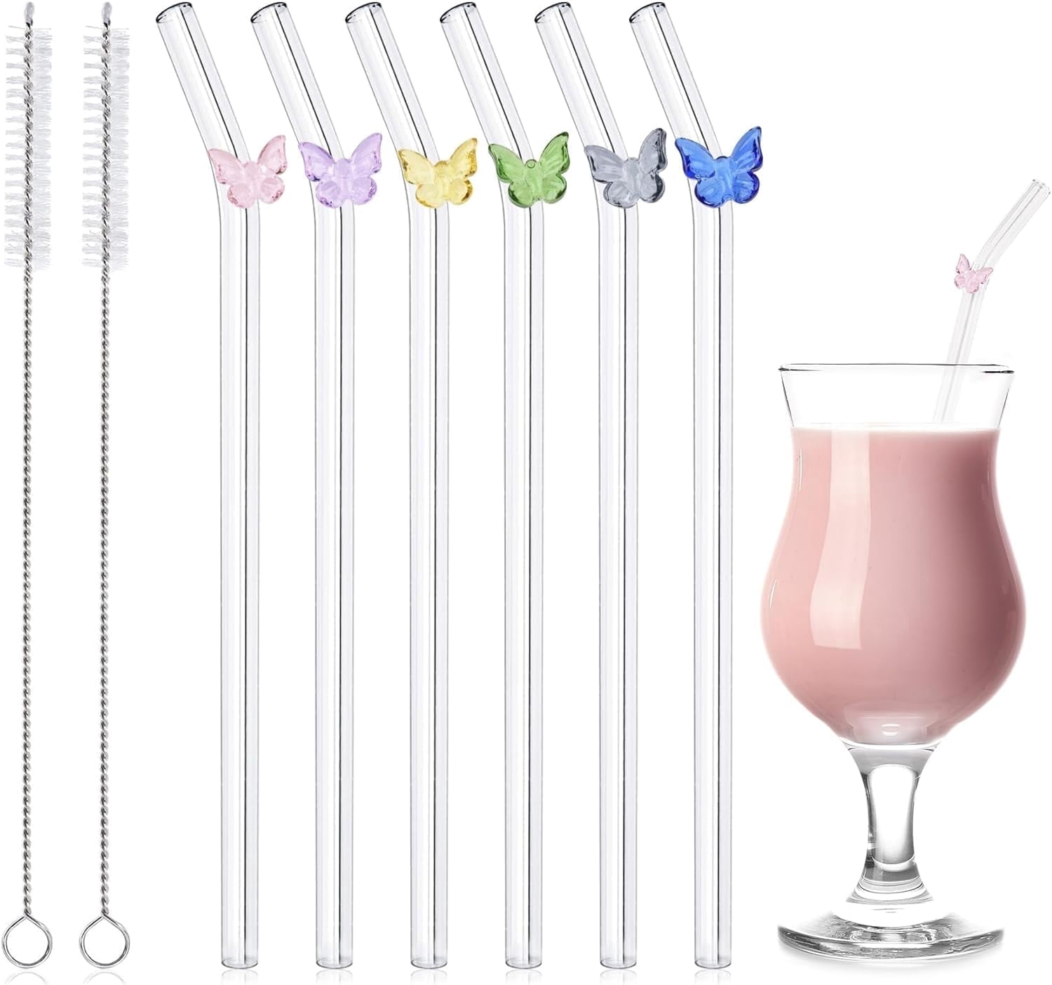 6 Pack Shatter-Resistant Glass Straws with 2 Brushes | Butterfly Design ...
