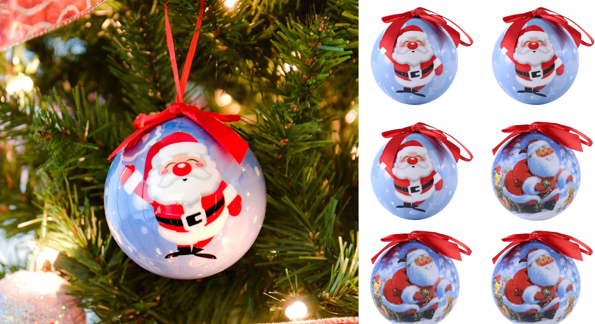 6-Pack Shatterproof Santa Clause Christmas Ball Ornaments - Walmart.com