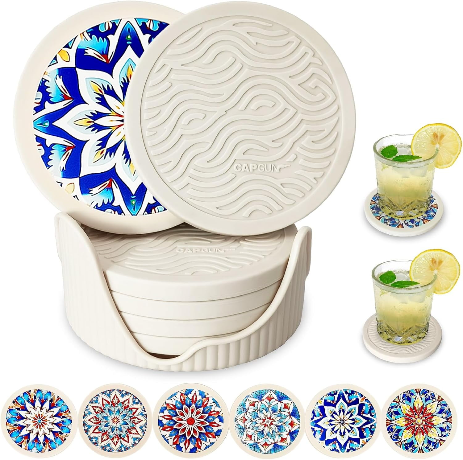 6-Pack Silicone Coasters with Deep Tray Holder - Double-Sided Drink ...