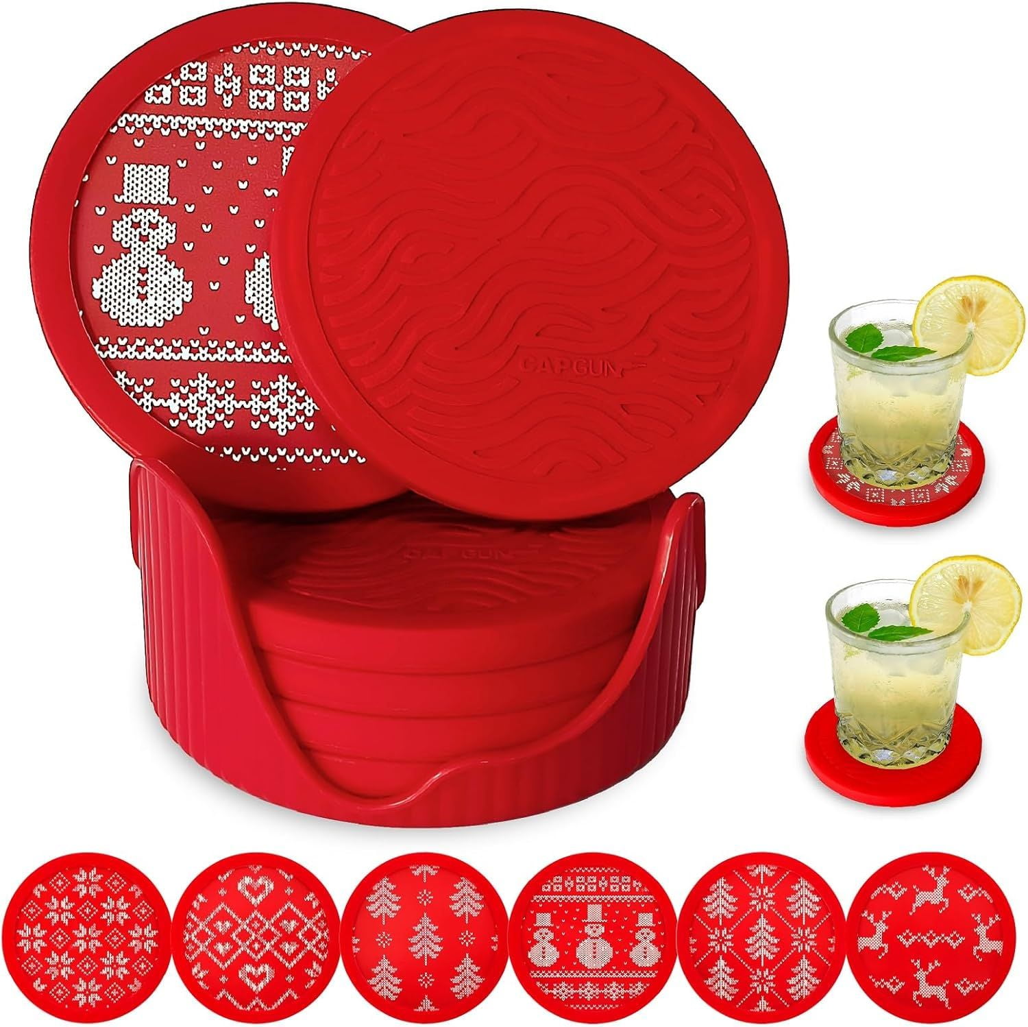 6-Pack Silicone Coasters with Deep Tray Holder, Double-Sided Drink ...