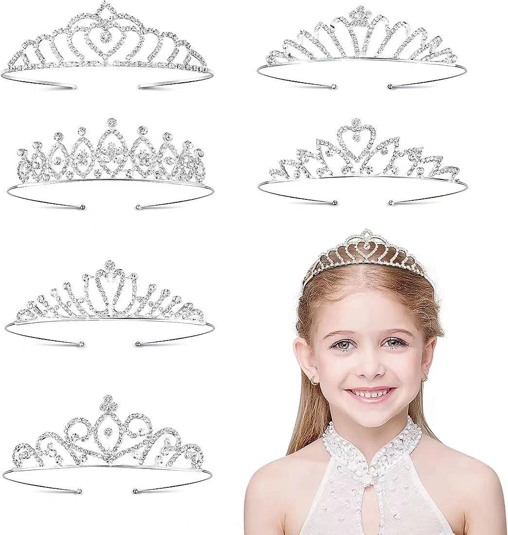 6 Pack Princess Crowns: Glitter, Heart & Flower Queen Tiaras, Silver Metal Hair Accessories for ...