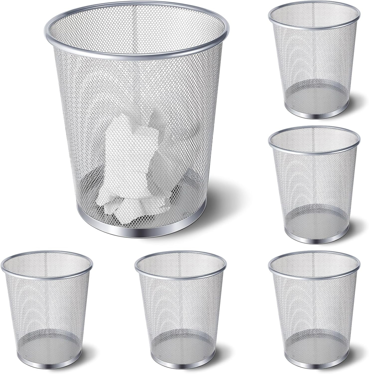 6 Pack Silver Office Trash Can Bulk Mesh Trash Can 4 Gallon Metal Wire ...