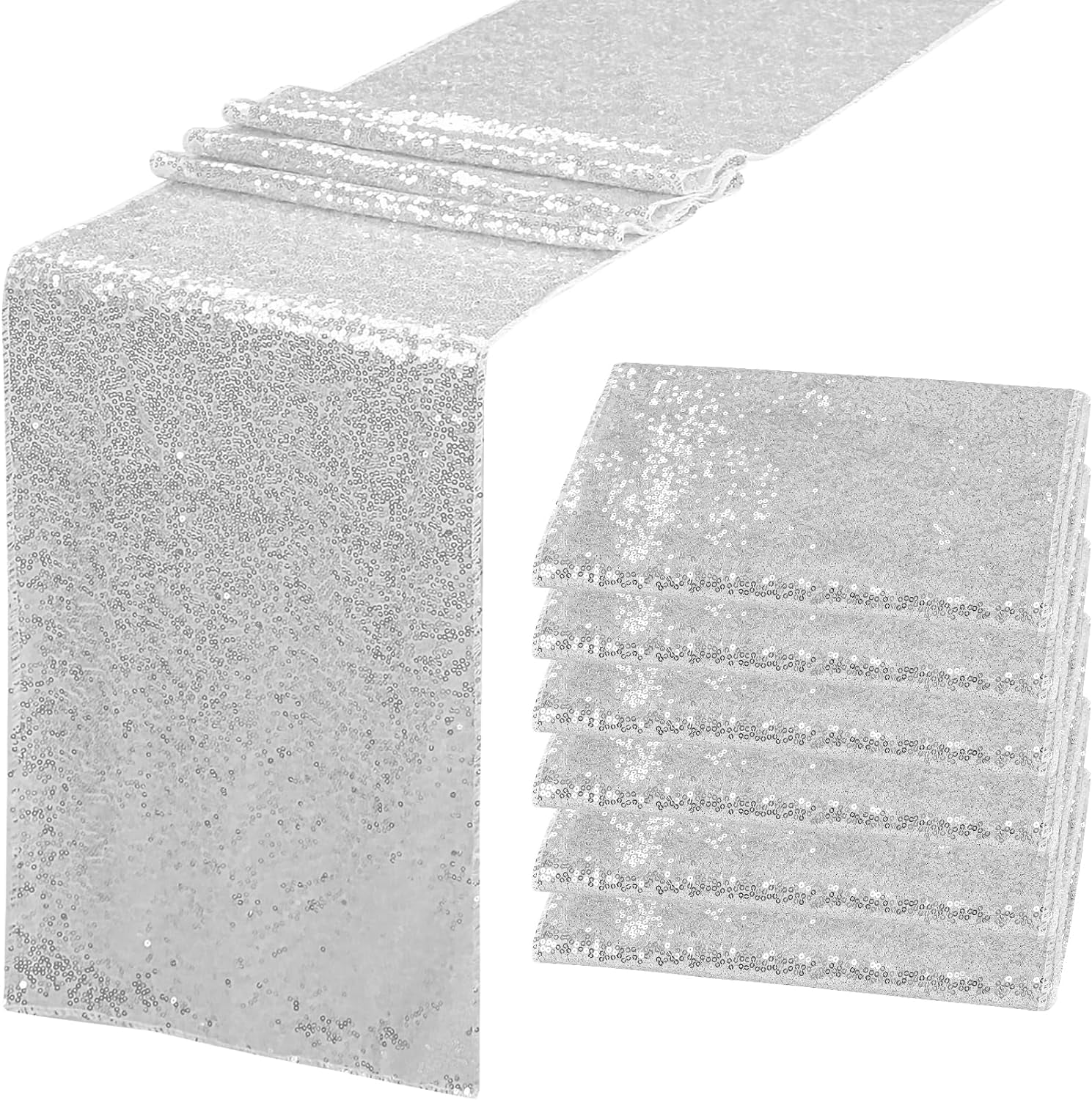 6 Pack Silver Sequin Table Runners 12" x 72" Sparkle Sequin Table Cloths for Wedding Party ...