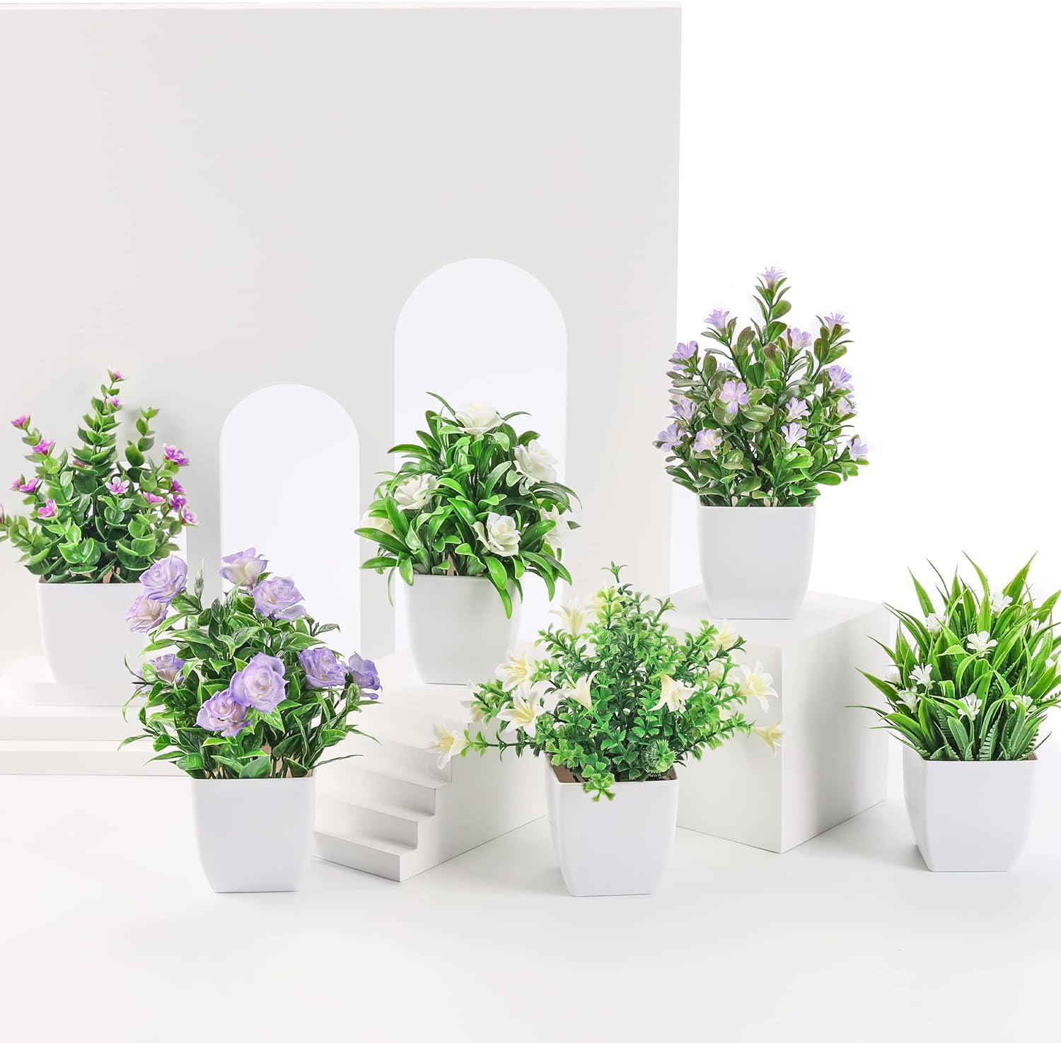 6 Pack Small Fake Plants Mini Artificial Faux Plants with Flowers for ...