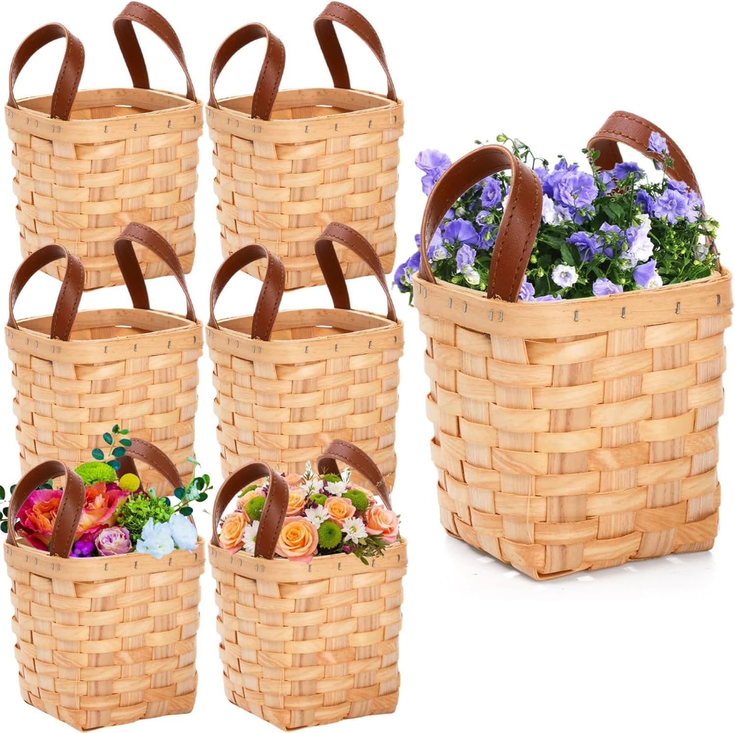 6 Pack Small Wicker Basket with Handle, 4" x 4.5" Woodchip Baskets for ...