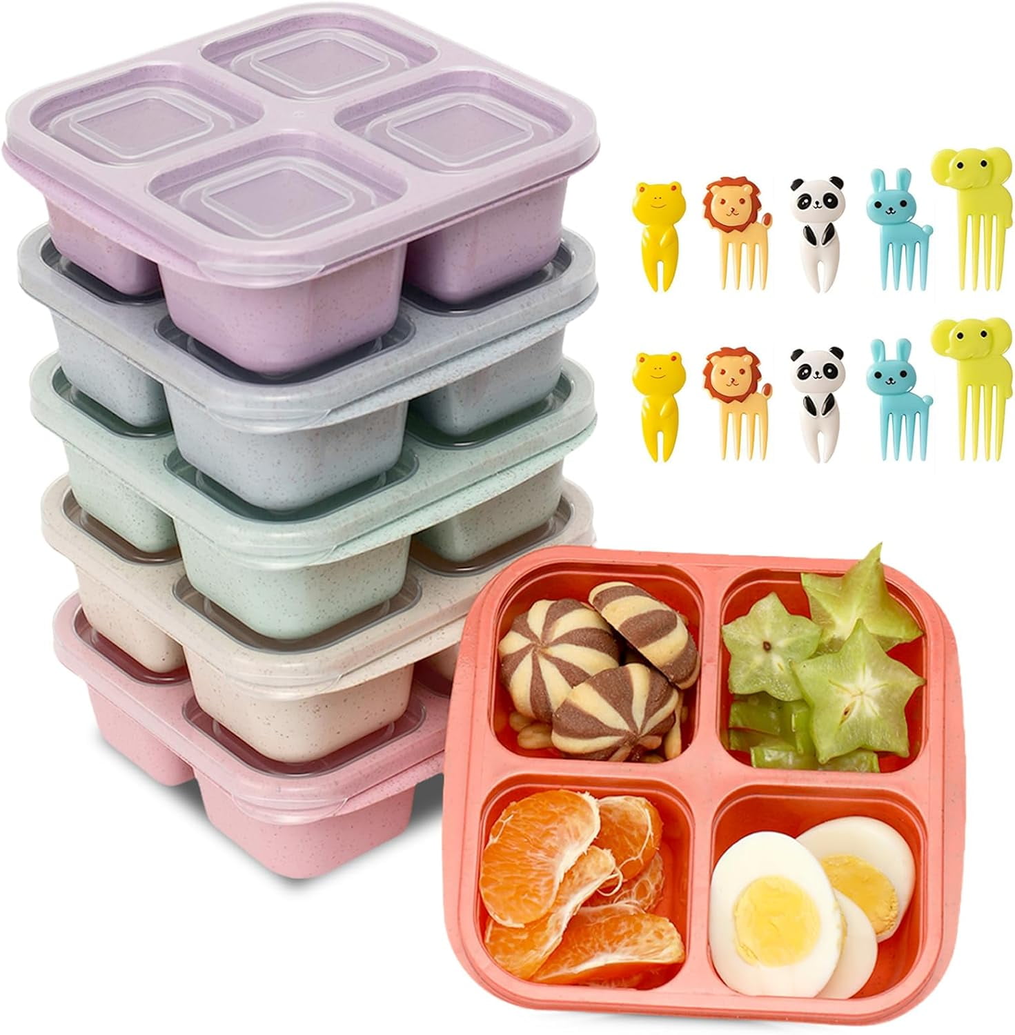 6 Pack Snack Containers, 4 Compartment Bento Snack Box Container with ...
