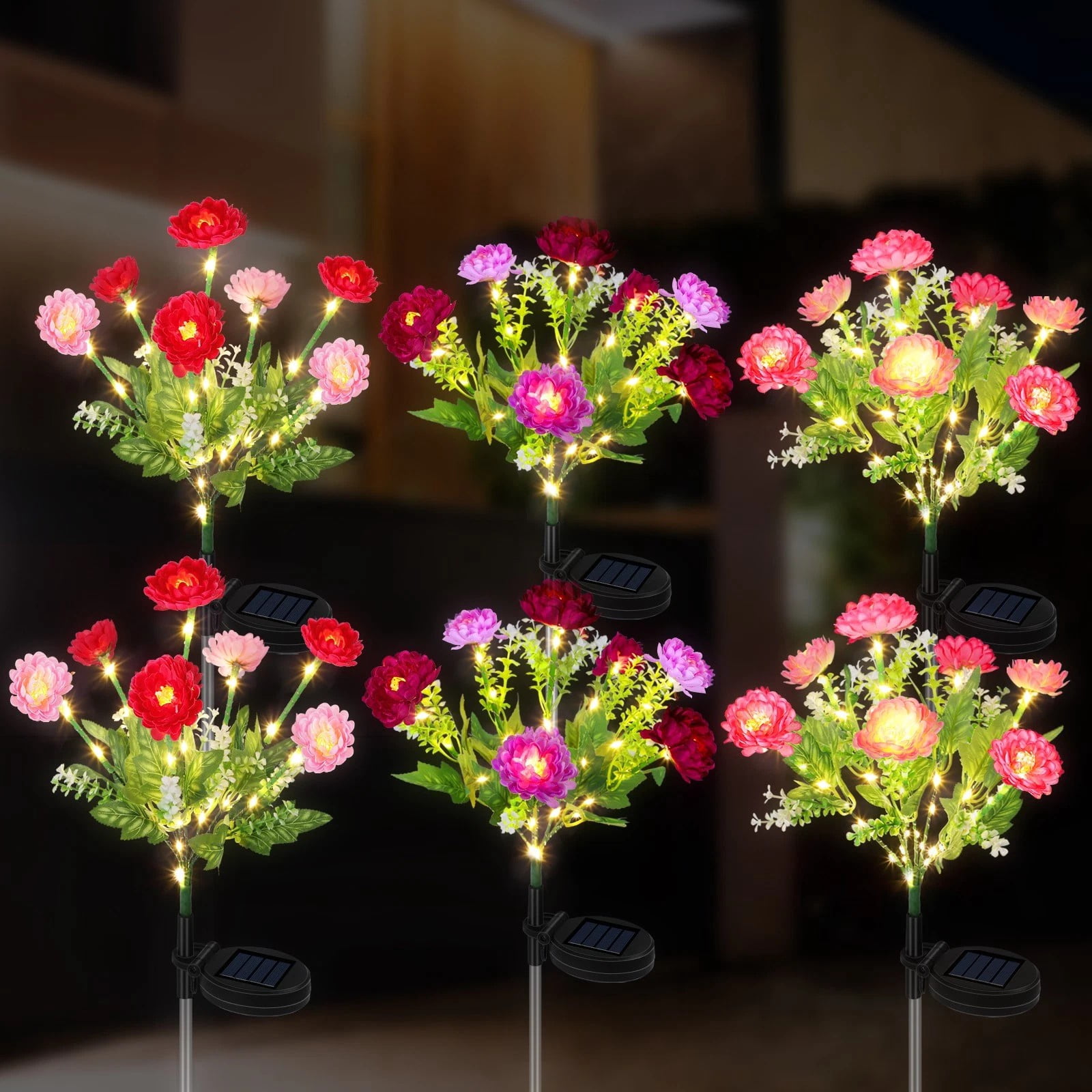 6 Pack Solar Garden Lights Outdoor, LED Lifelike Peony Flower Stake ...