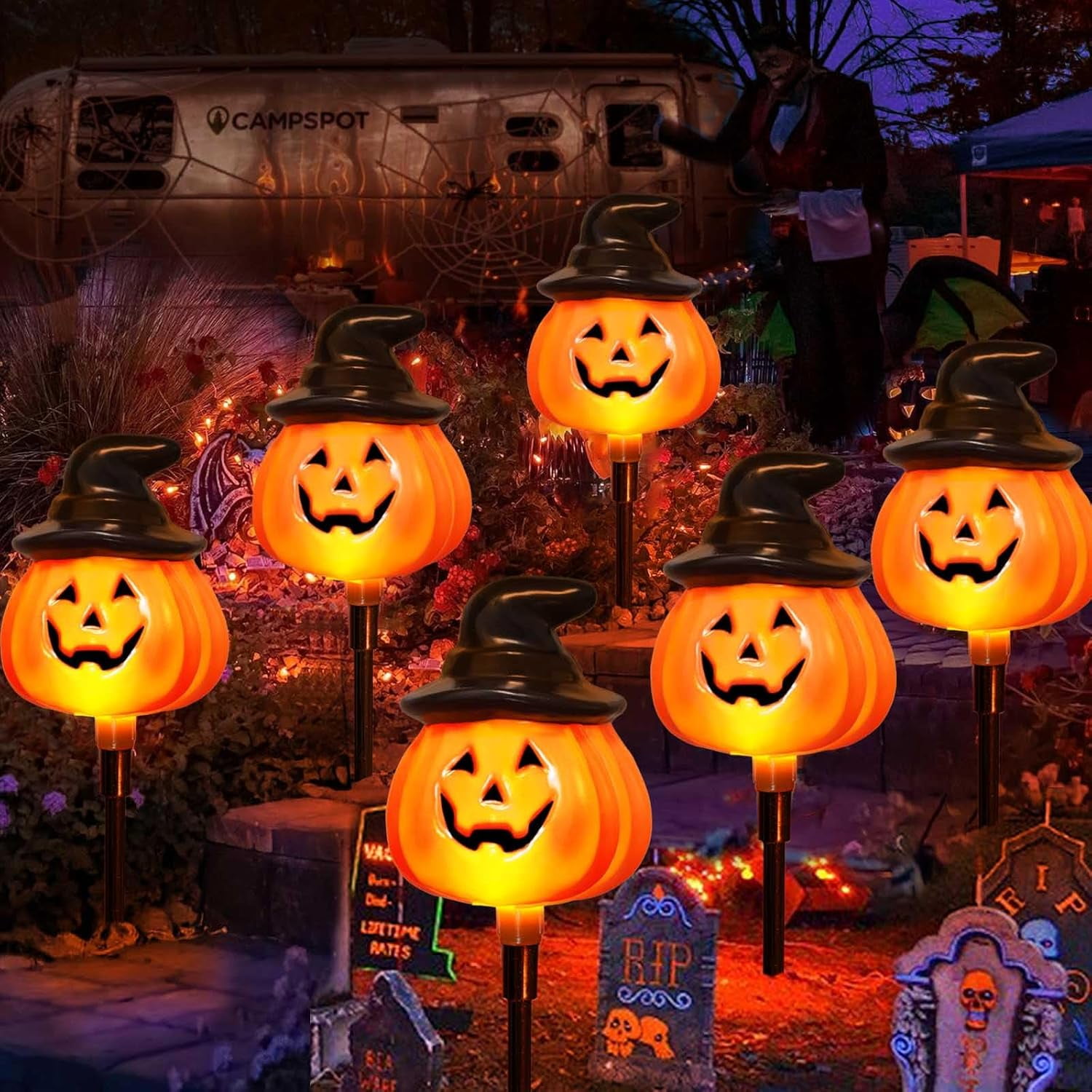 6 Pack Solar Jack O Lantern Stake String Lights - Orange Halloween ...