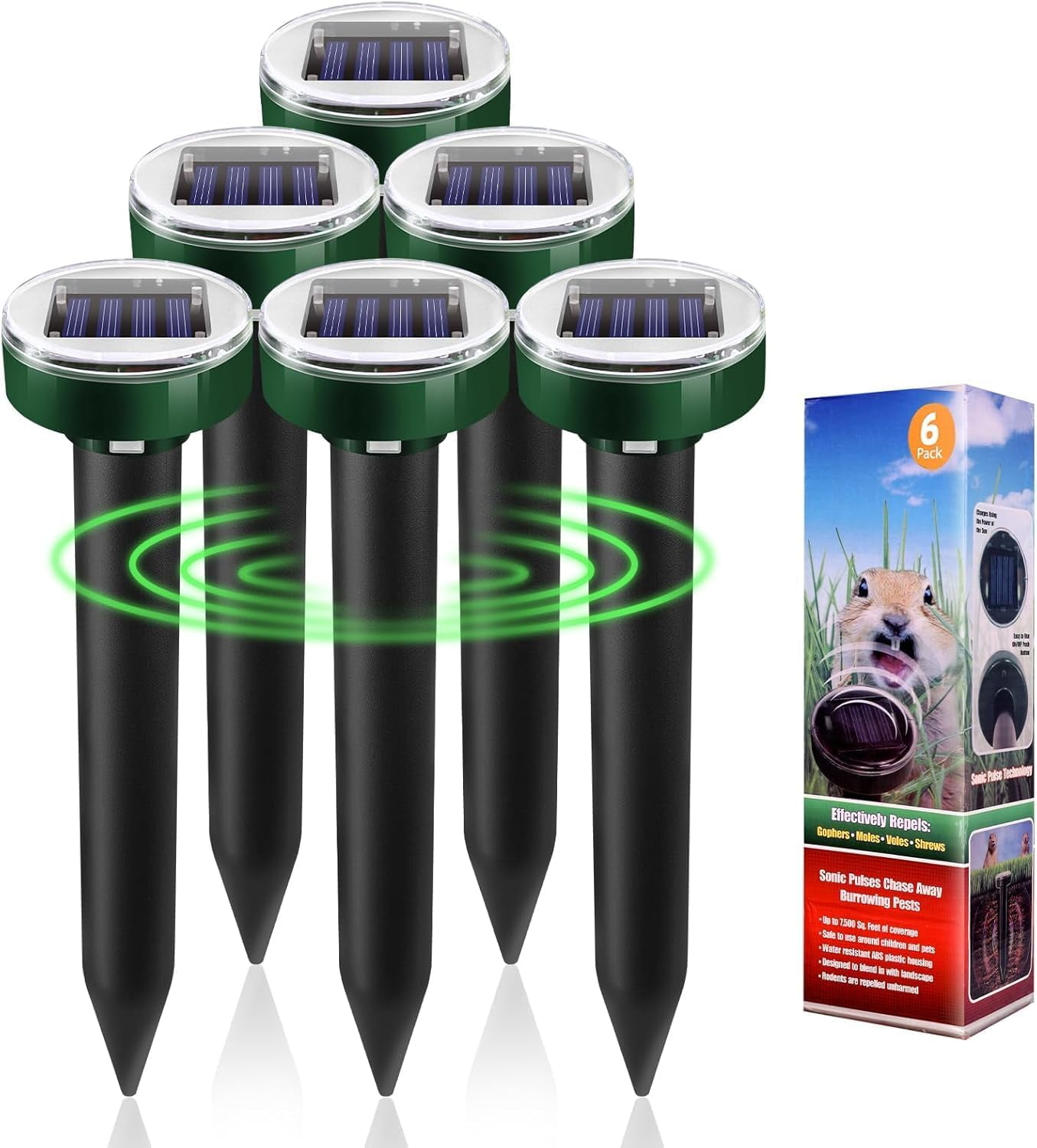 6-Pack Solar Powered Mole Repellent Stakes for Lawns - Ultrasonic ...