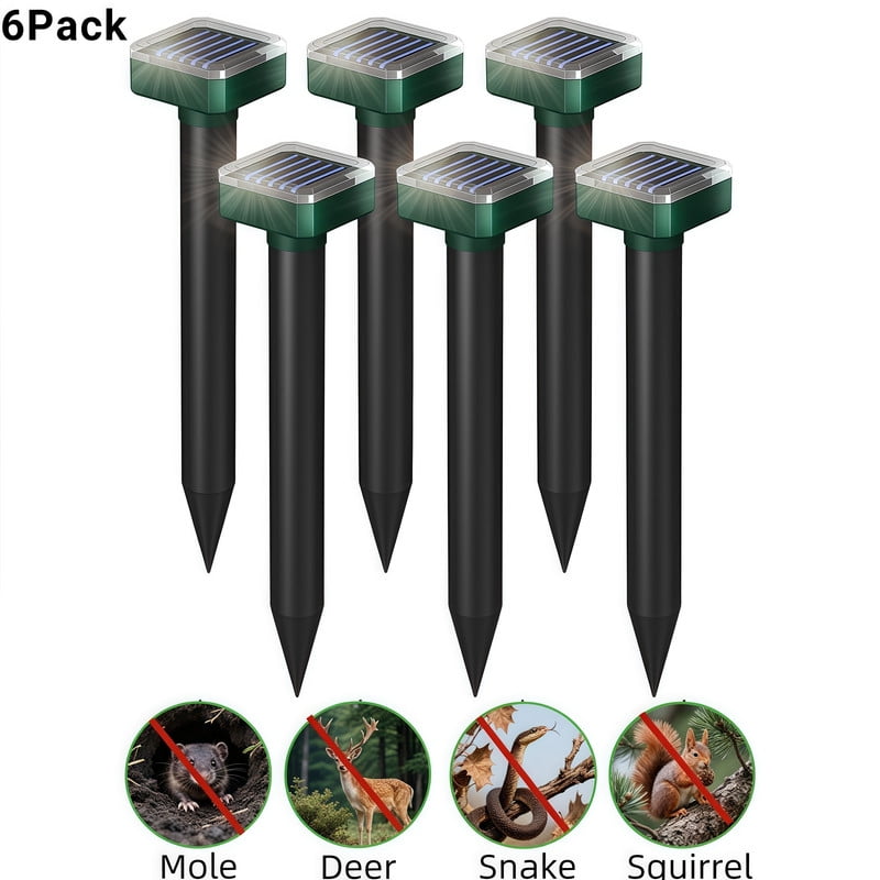 6 Pack Solar Powered Rodent Repellent, Sonic & Vibration Mole Gopher ...