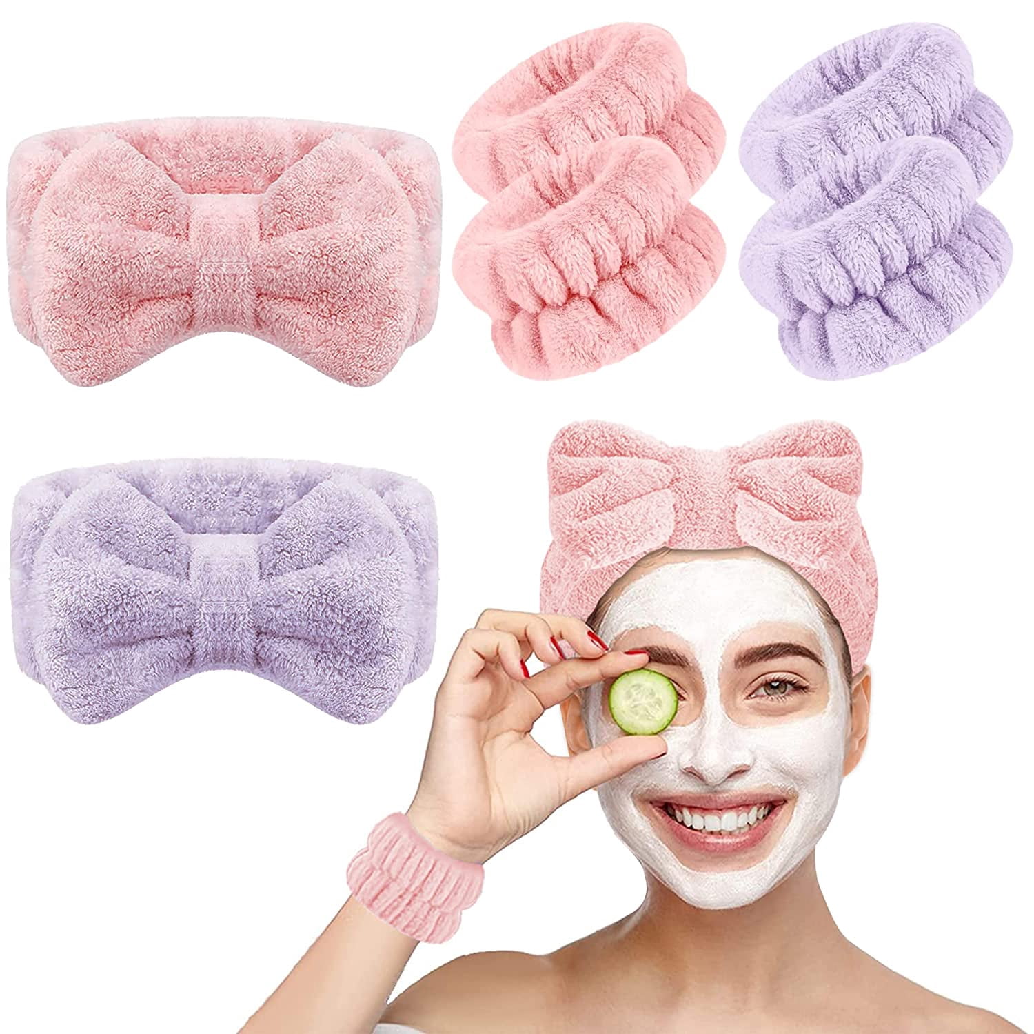 6 Pack Spa Headband Bow Hair Band and 2 Pairs Wrist Towels for Washing ...