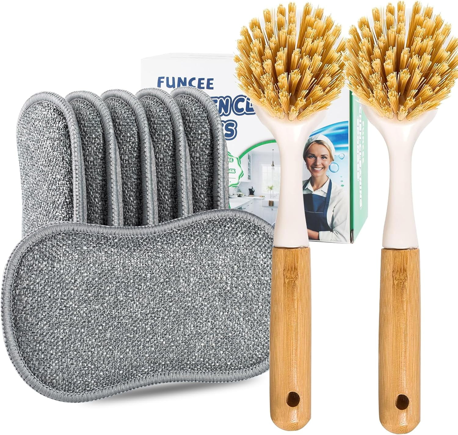 6 Pack Sponges & 2 Pack Dish Brushes with Handle, Built-in Scraper Dish ...