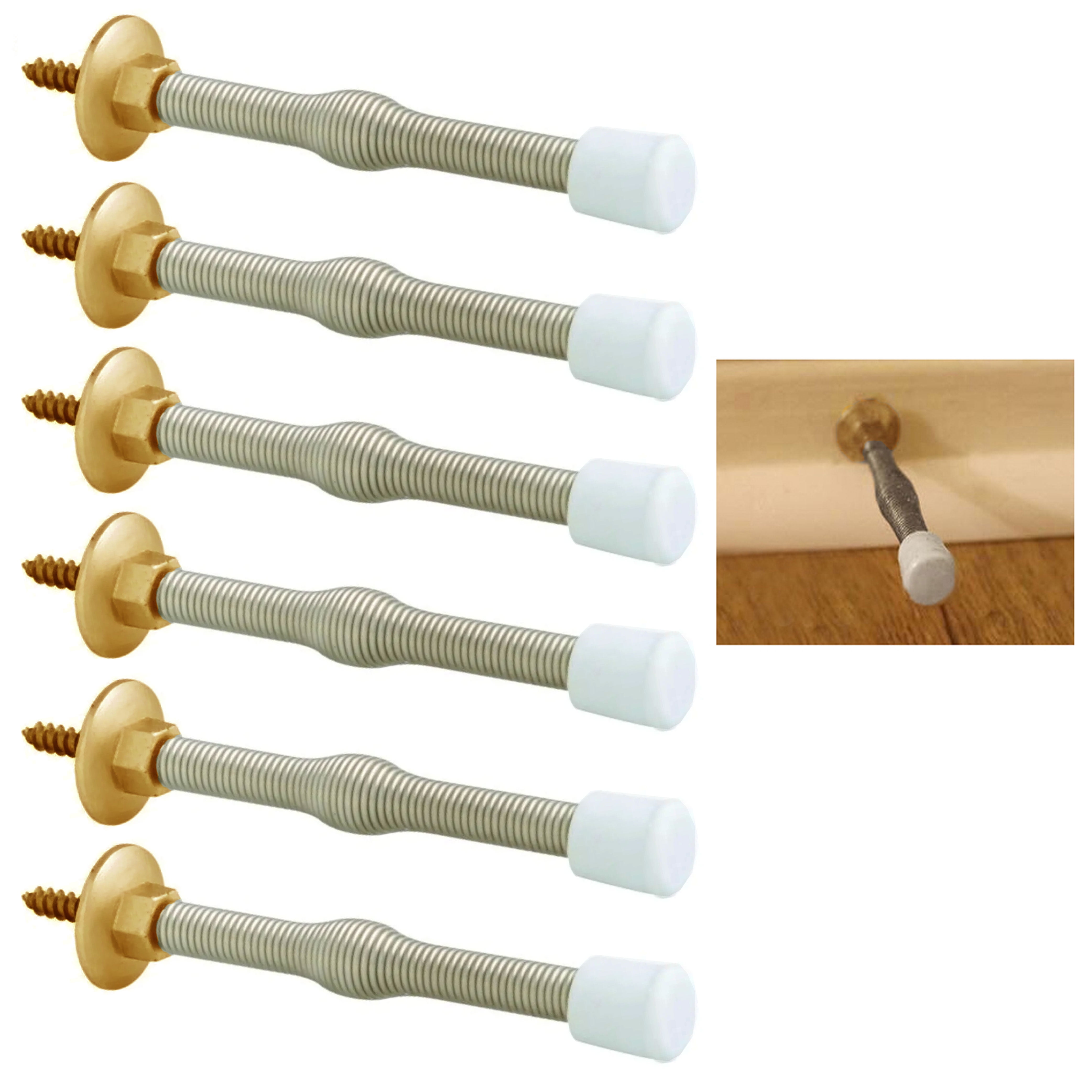 6 Pack Spring Door Stopper with Rubber Bumper Flexible Wall Door Stop ...
