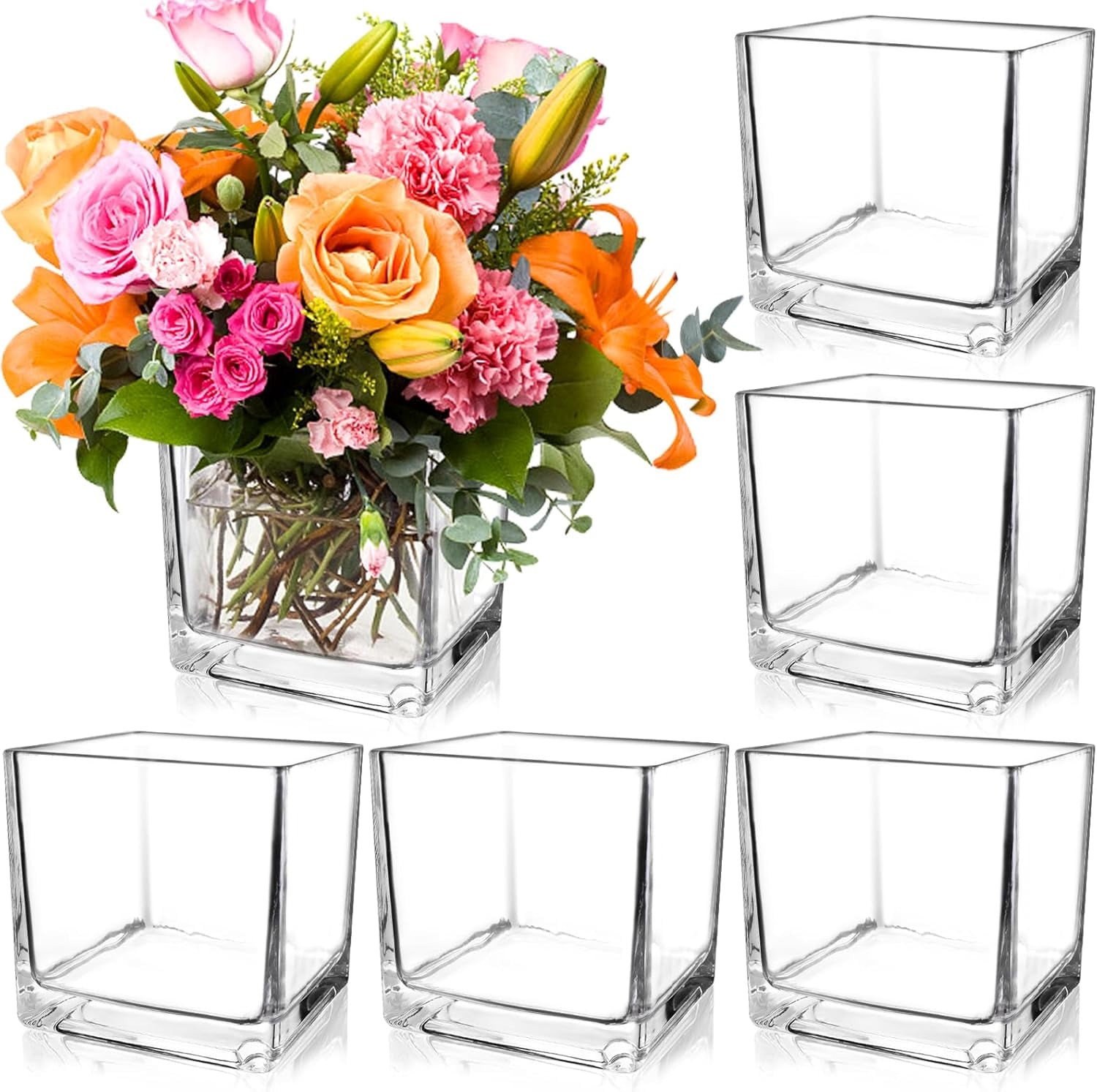 6 Pack Square Glass Vases 5 x 5 x 5 Inch, Clear Cube Flower Vases for ...