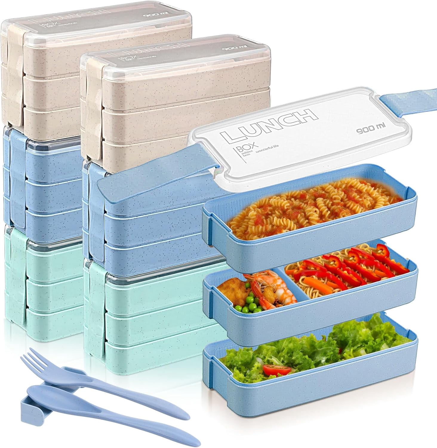 6 Pack Stackable Bento Box Japanese Lunch Box Set for Adult with Fork ...