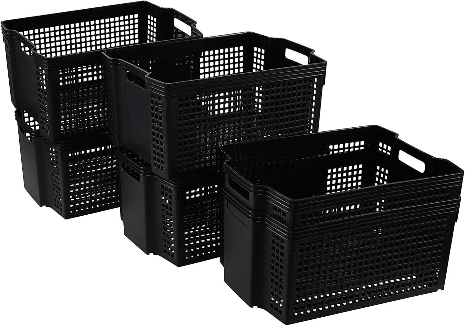 6-Pack Stackable Storage Baskets Bins, Black Large Plastic Organizer ...